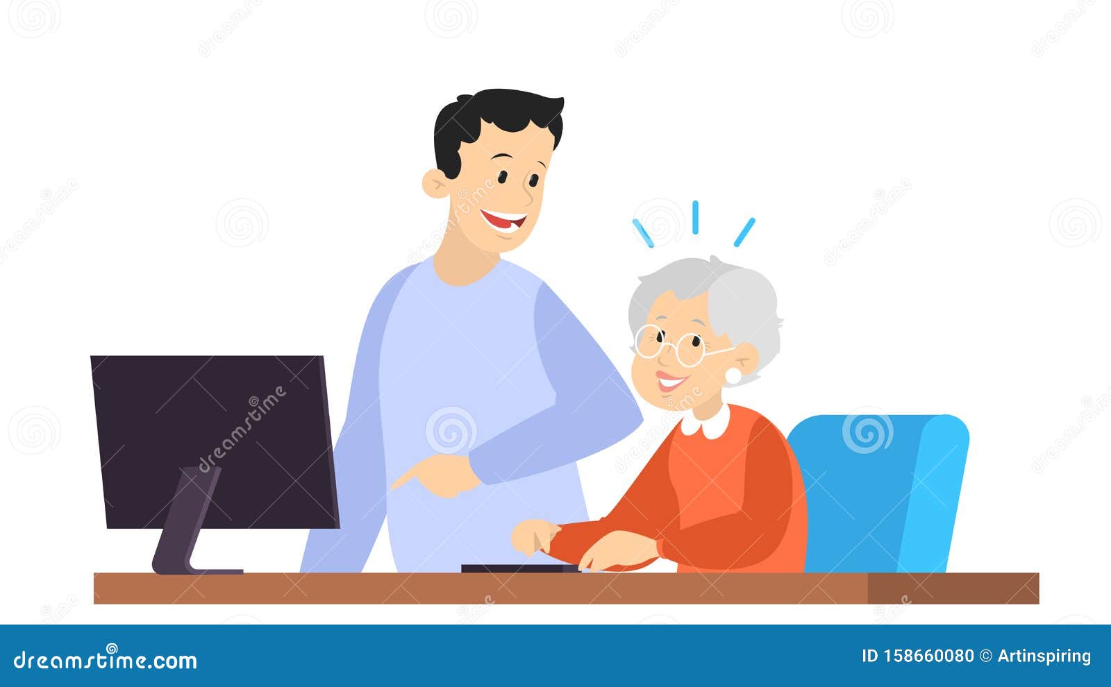 Man Help Old Woman Working on Computer. Idea of Modern Stock Vector ... Man Help Old Woman Working on Computer. Idea of Modern Stock Vector ...