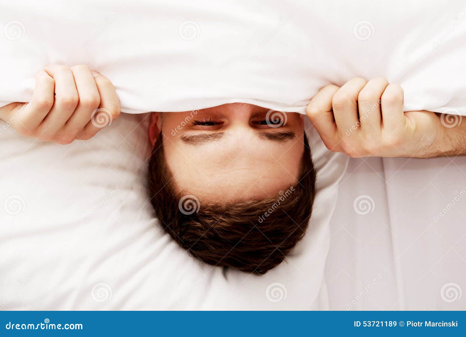Man Hiding in Bed Under Sheets. Stock Image - Image of hiding, bedroom ...