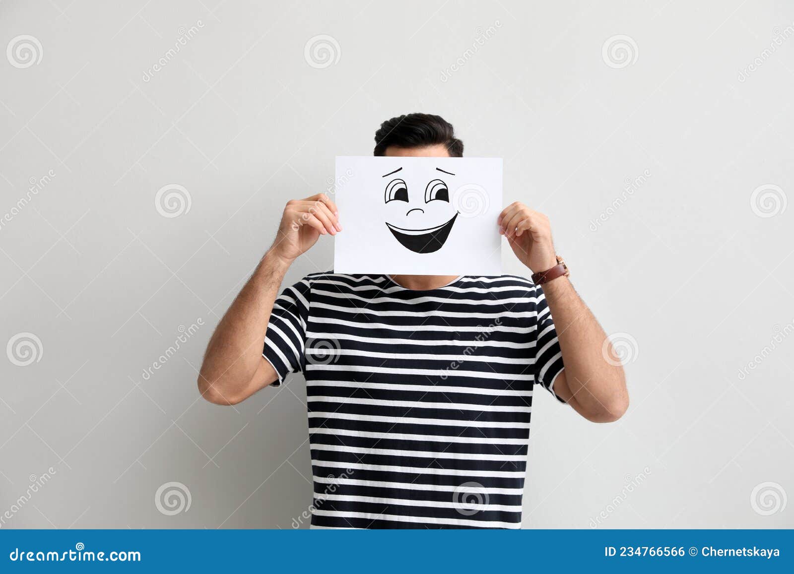 Man Hiding Emotions Using Card with Drawn Smiling Face on White ...