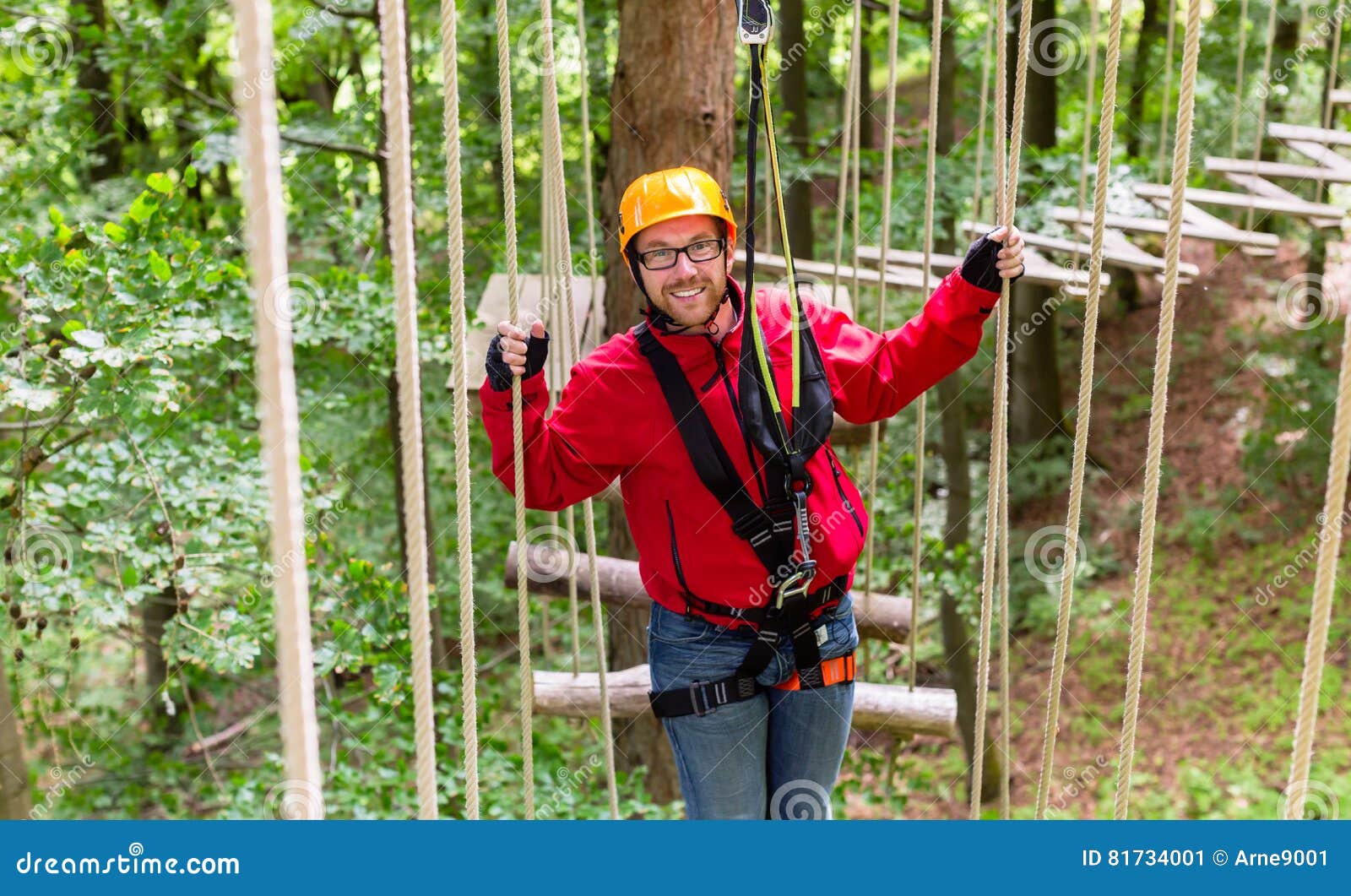 Man in High Rope Course Climbing for Sport Stock Image - Image of ...