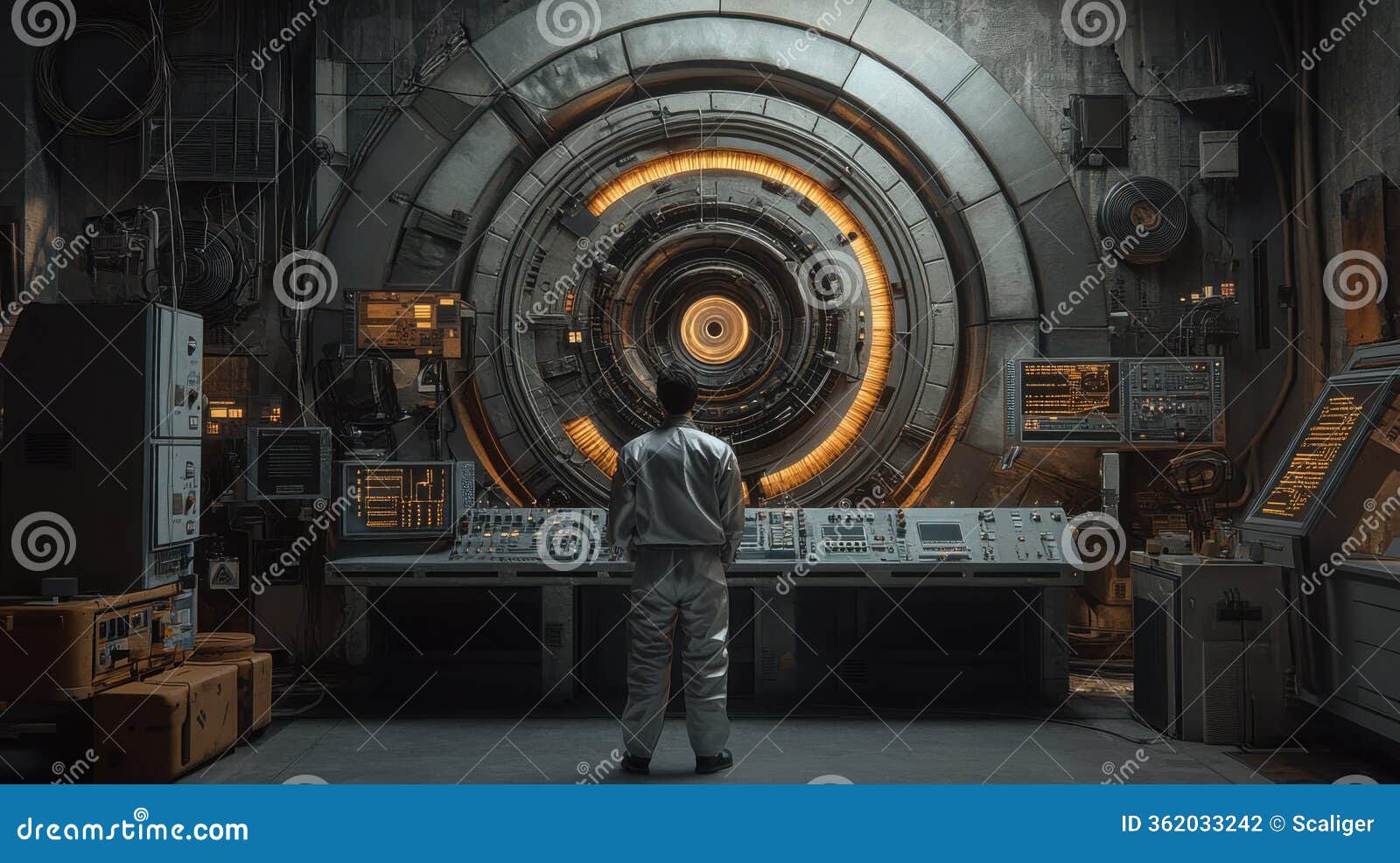 Man in High-tech Laboratory Controls Advanced Futuristic Machine with ...