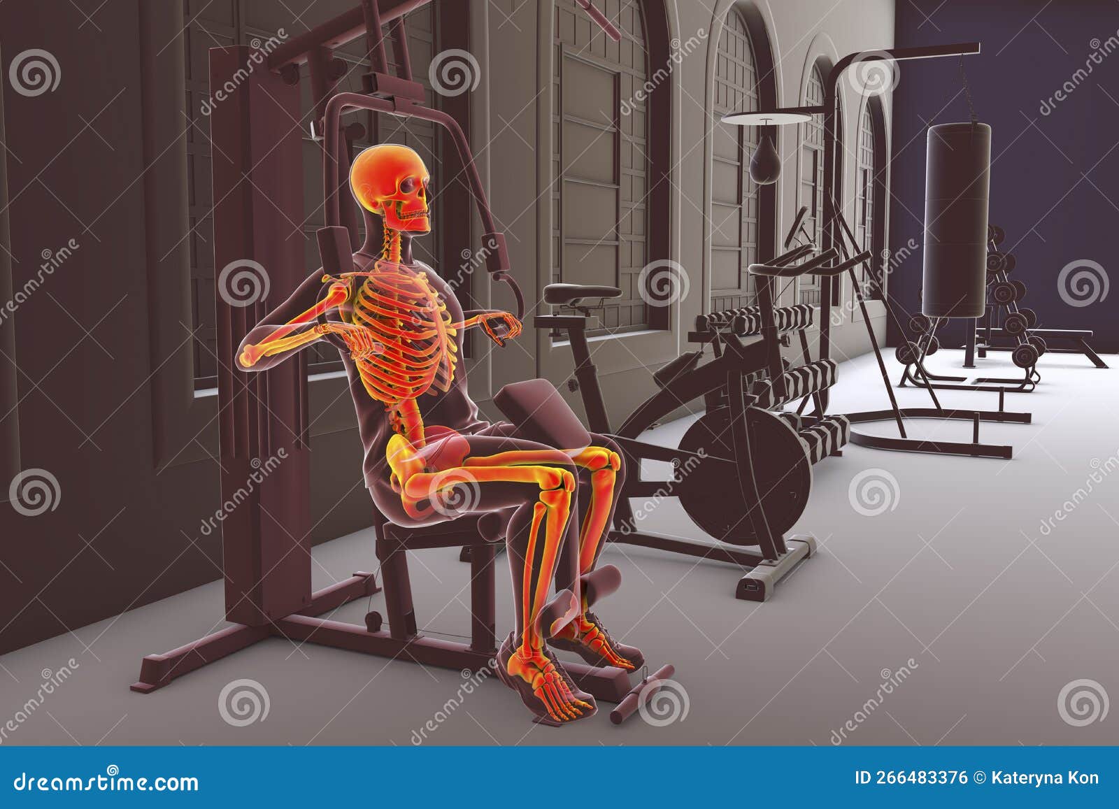 Man with Highlighted Skeleton Training on Hammer Strength Macine ...