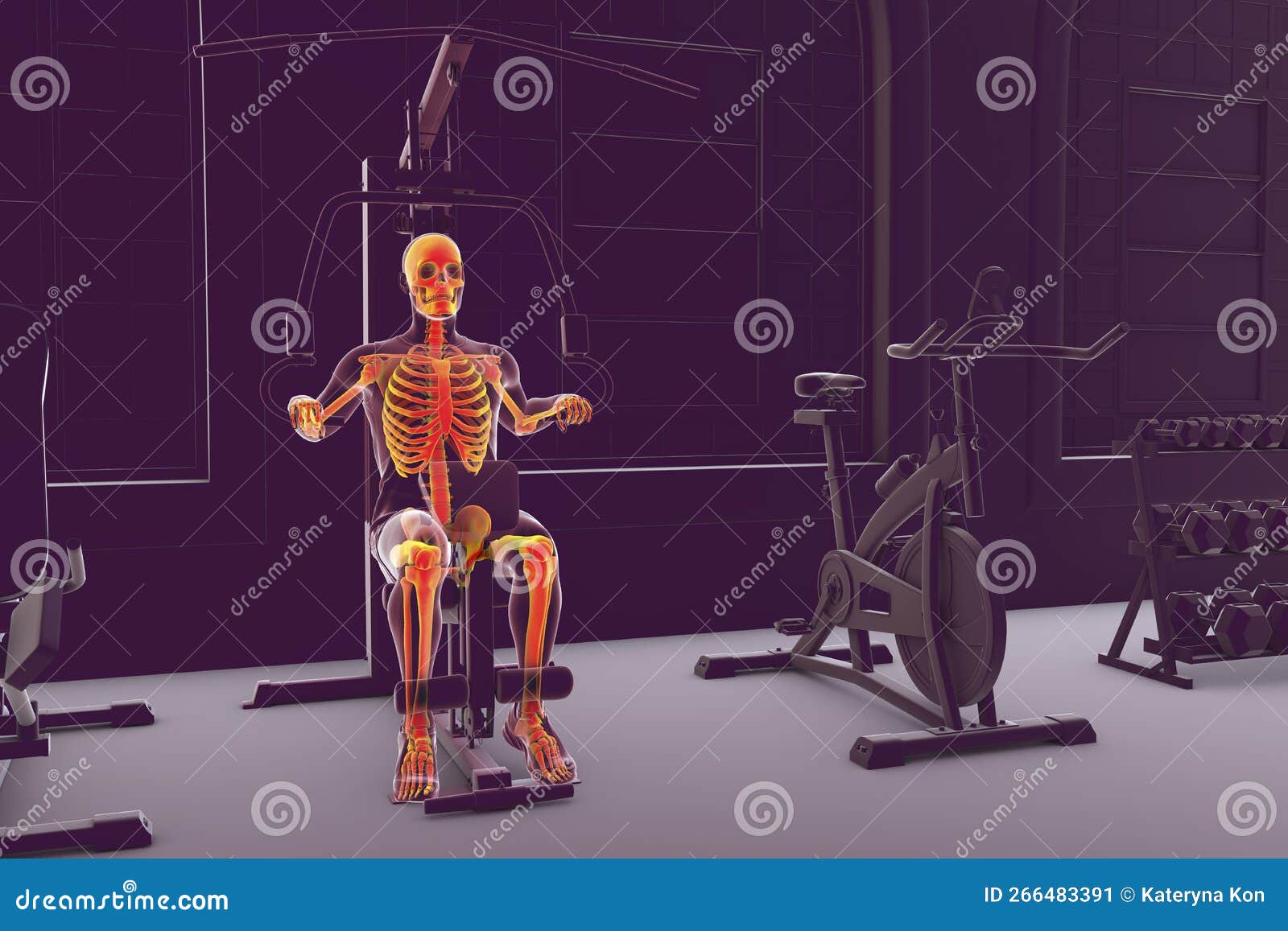 Man with Highlighted Skeleton Training on Hammer Strength Macine ...
