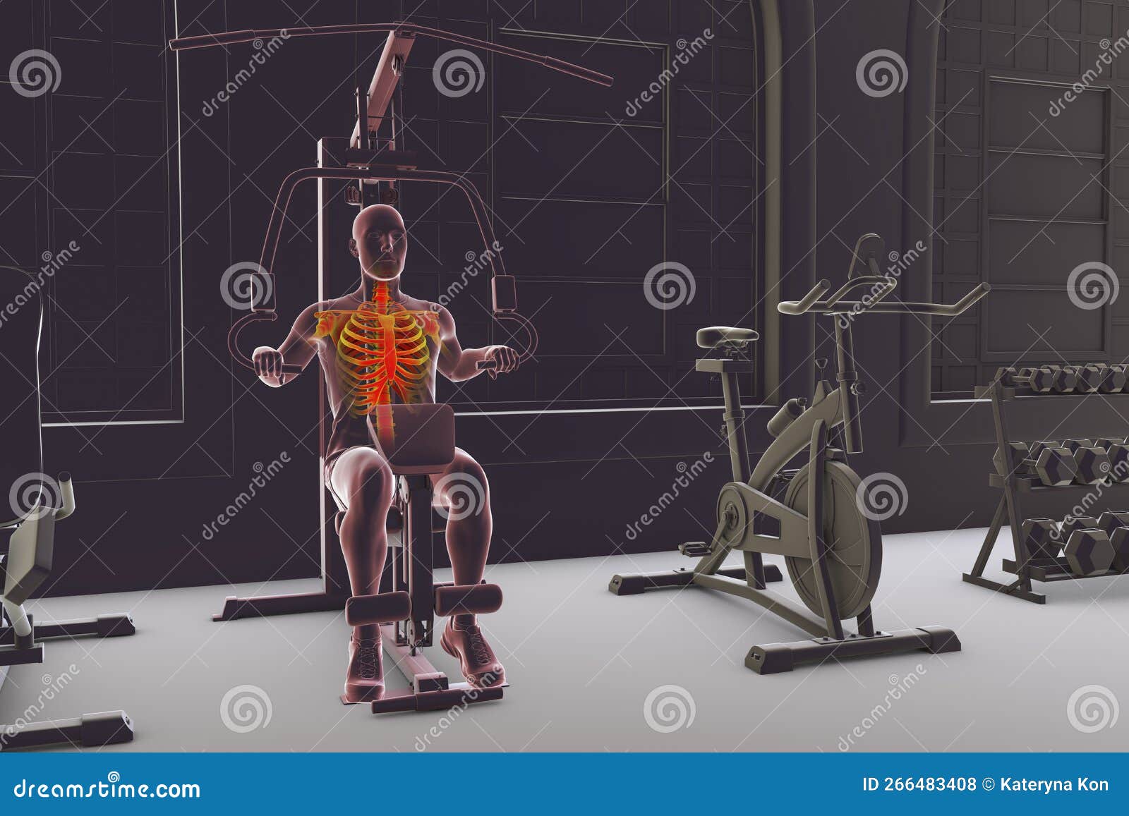 Man with Highlighted Skeleton Training on Hammer Strength Macine ...