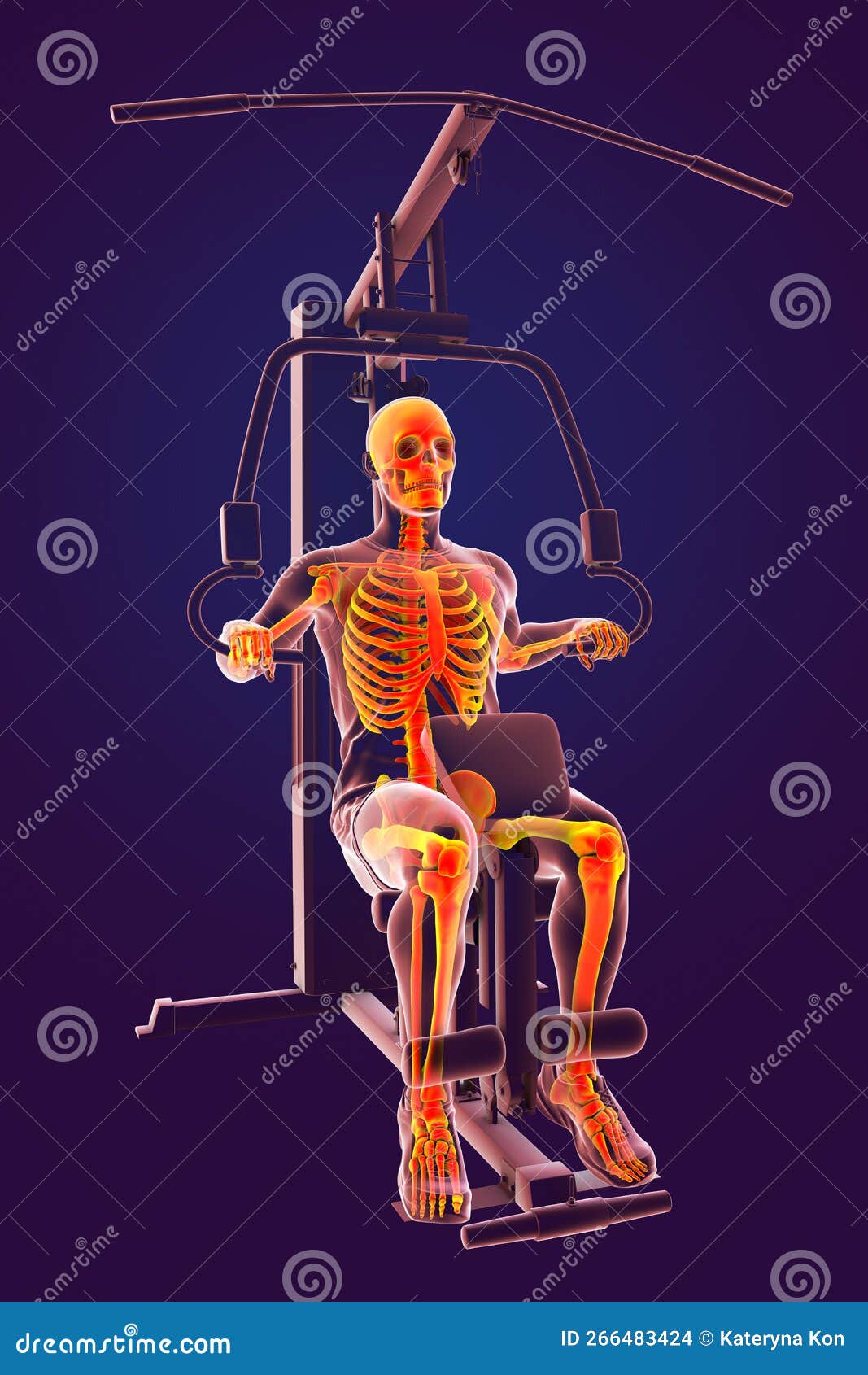 Man with Highlighted Skeleton Training on Hammer Strength Macine ...