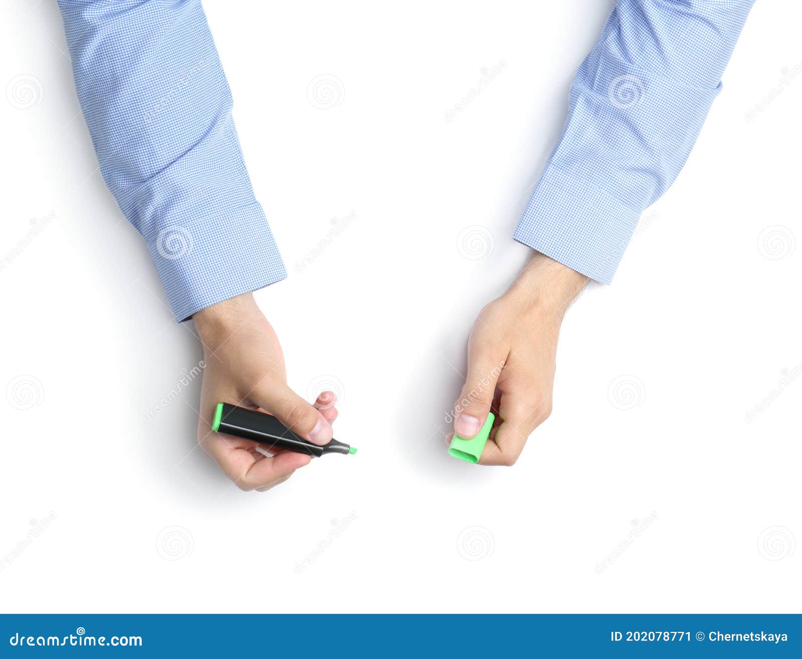 Man with Highlighter on White Background, Top View. Closeup of Hands ...