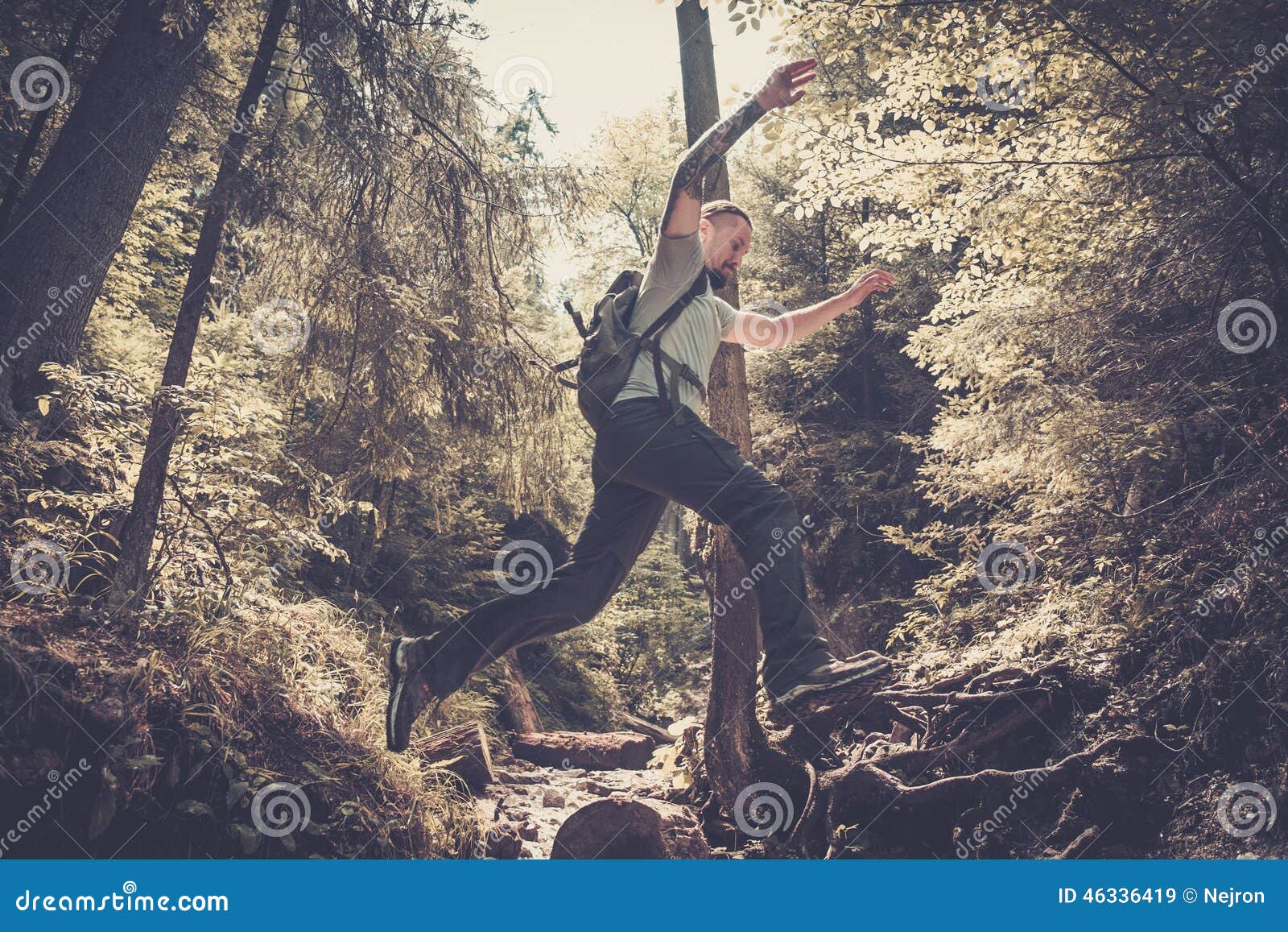 Man Hiker Jumping Across Stream Stock Image - Image of people, forest ...