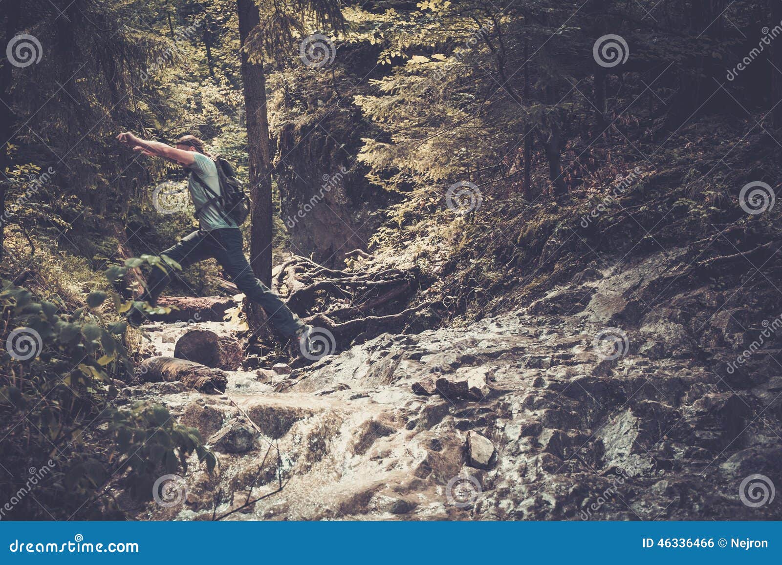Man Hiker Jumping Across Stream Stock Photo - Image of extreme ...
