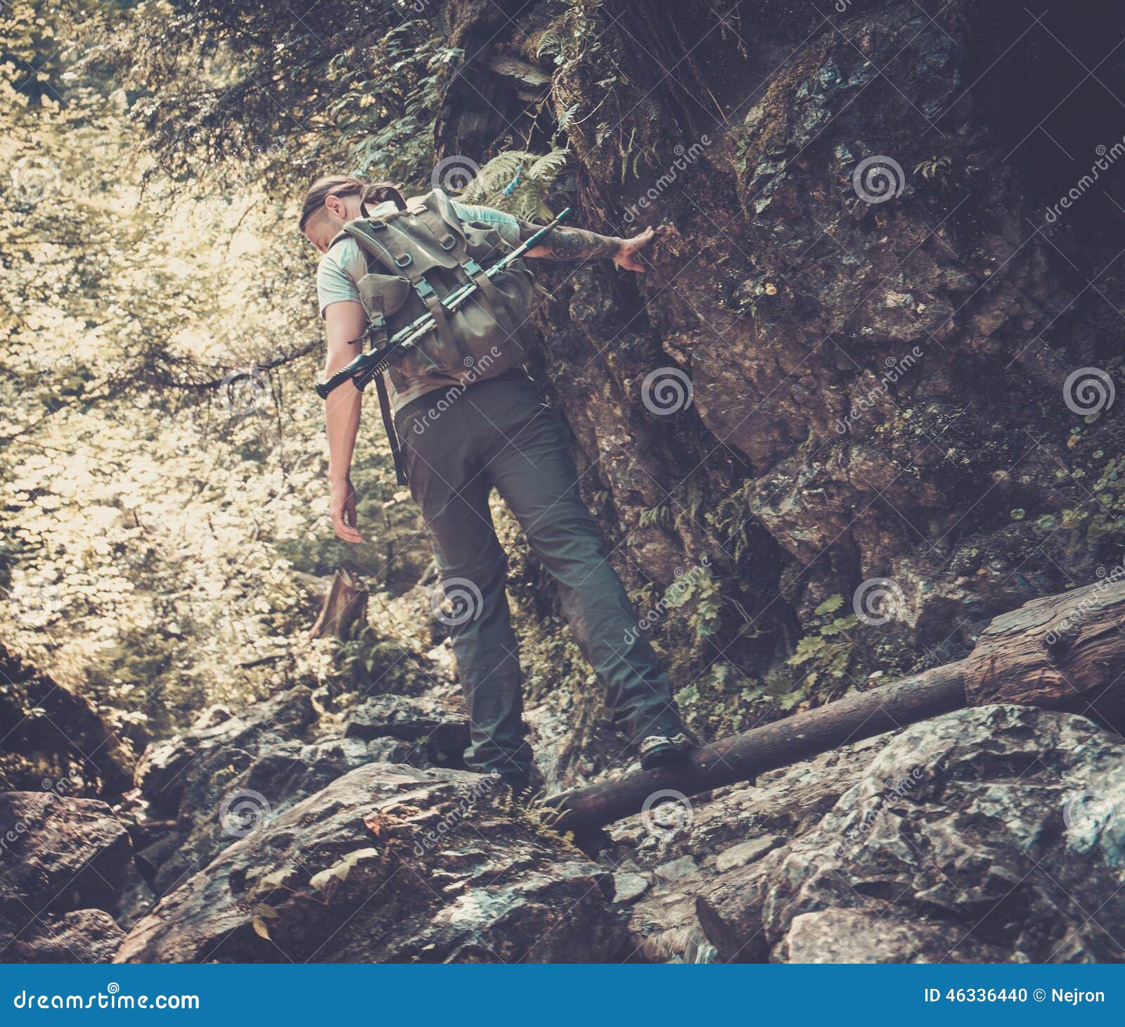 Man Hiker Walking Across Stream Stock Photo - Image of gear, risk: 46336440