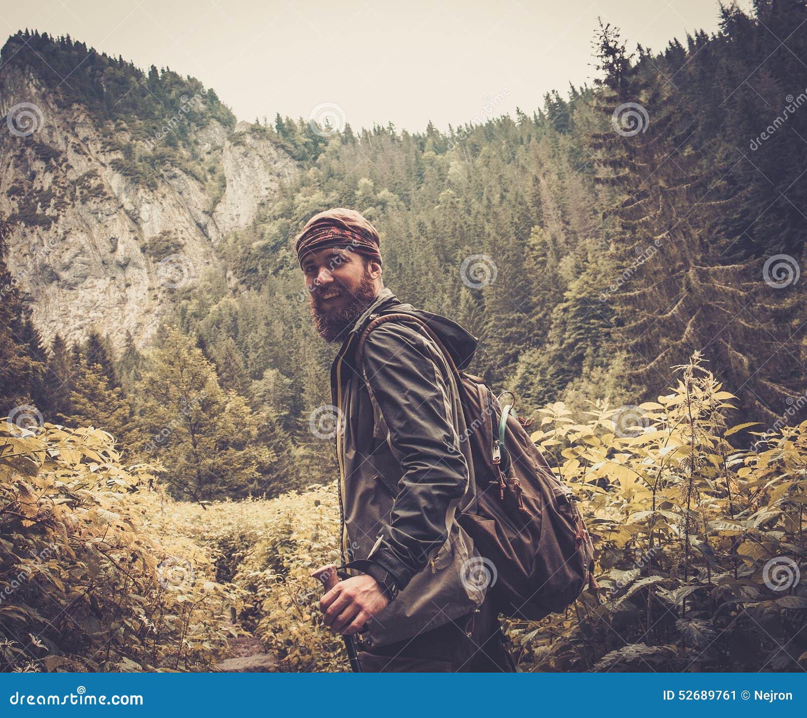 Man Hiker Walking in Mountain Forest Stock Image - Image of nature ...