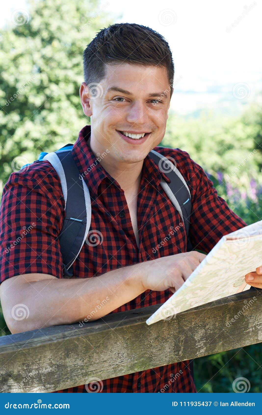 Portrait of Man Hiking in Countryside with Map Stock Image - Image of ...