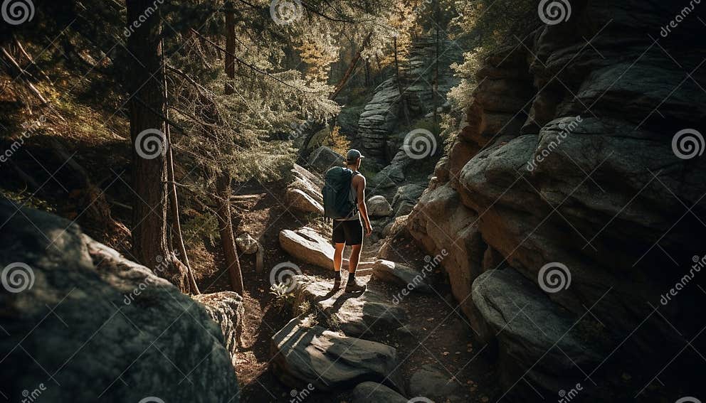 A Man Hiking in the Forest, Exploring Extreme Mountain Terrain ...
