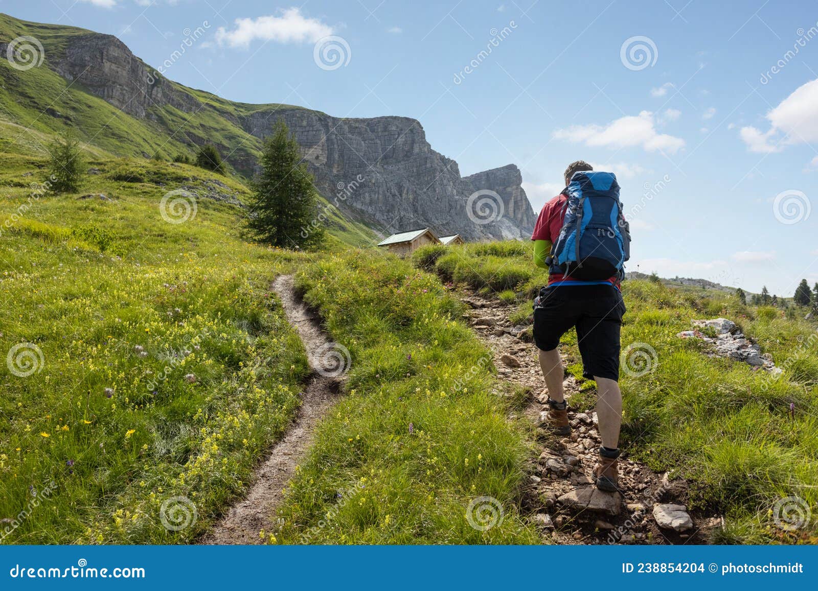 Man Hiking Up a Beautiful Path in the Dolomite Mountains Stock Photo ...