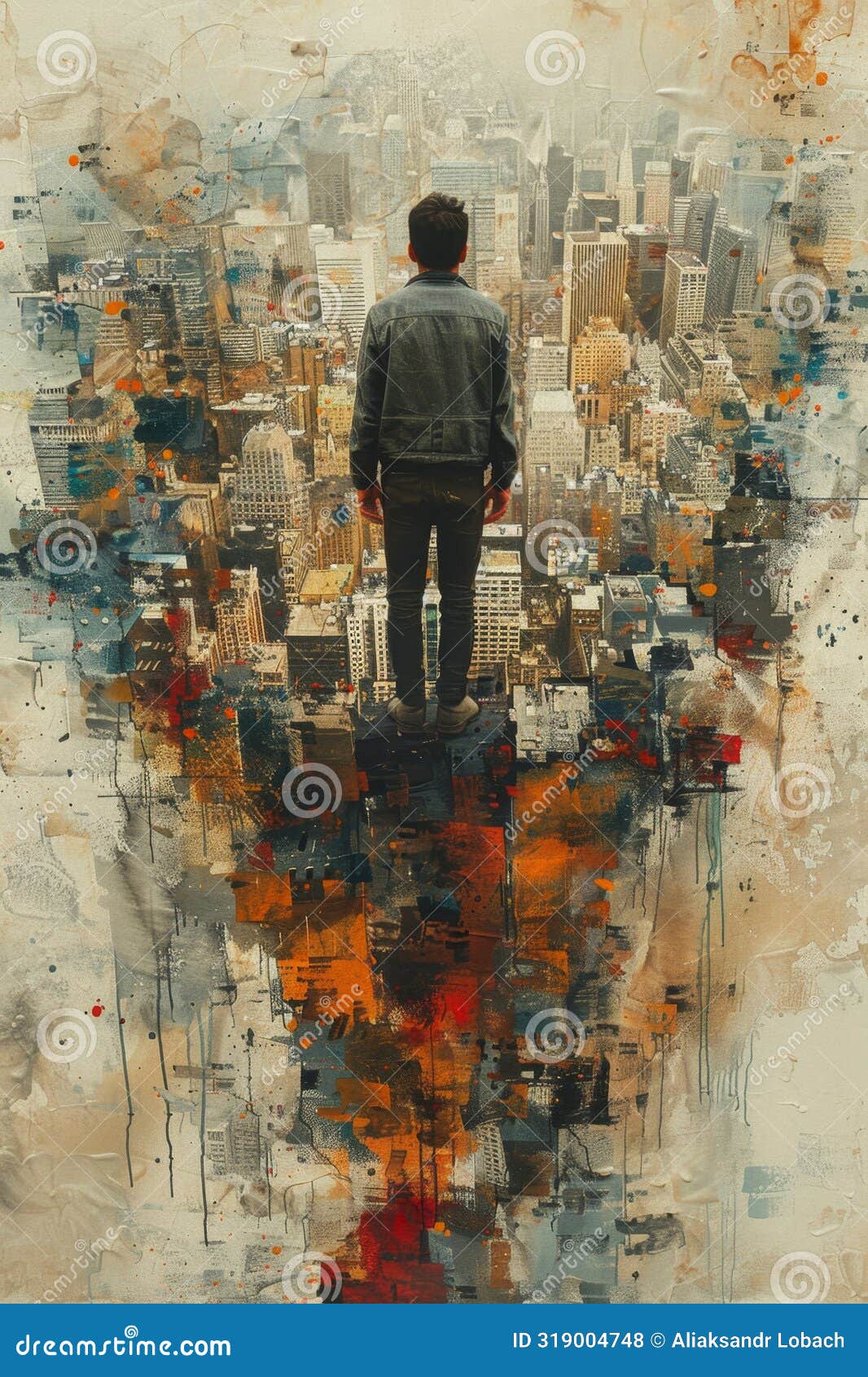 A Man with His Back Against the Background of an Abstract City ...