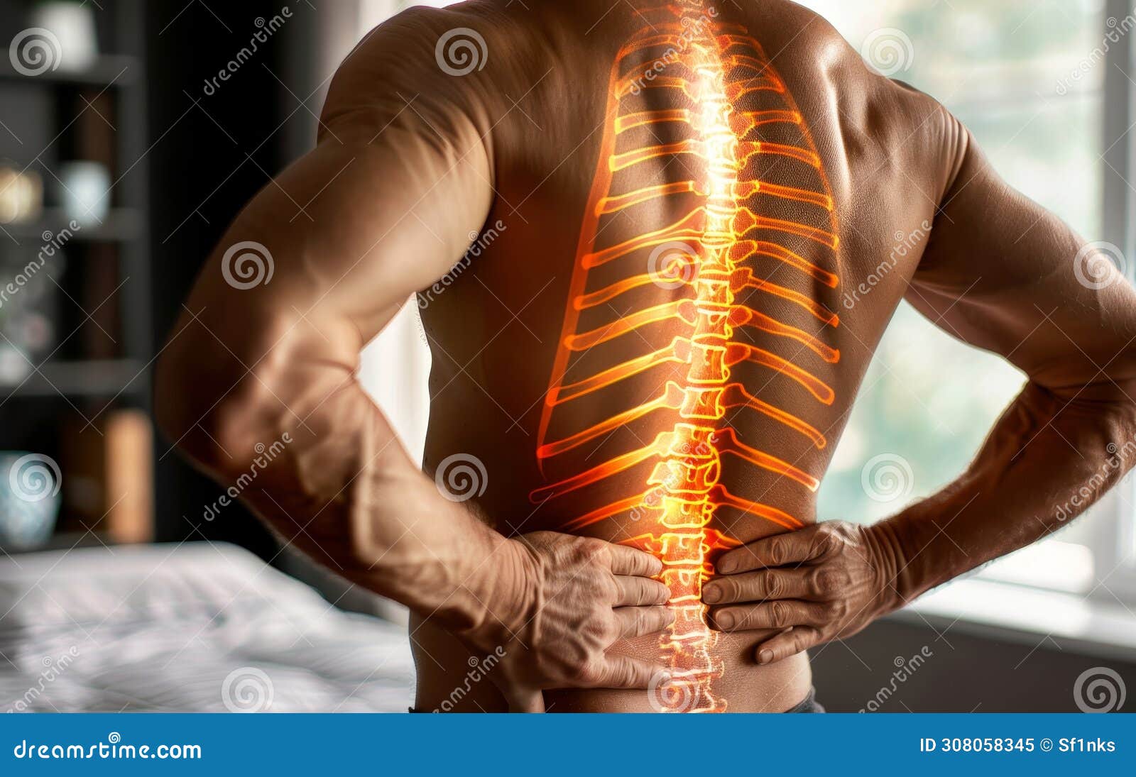 A Man with His Back Turned Holds His Lower Back, His Posture and ...
