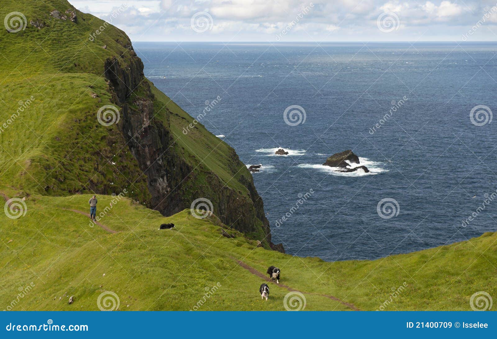 Man and His Dogs Hiking on Mykines Stock Image - Image of trail, animal ...