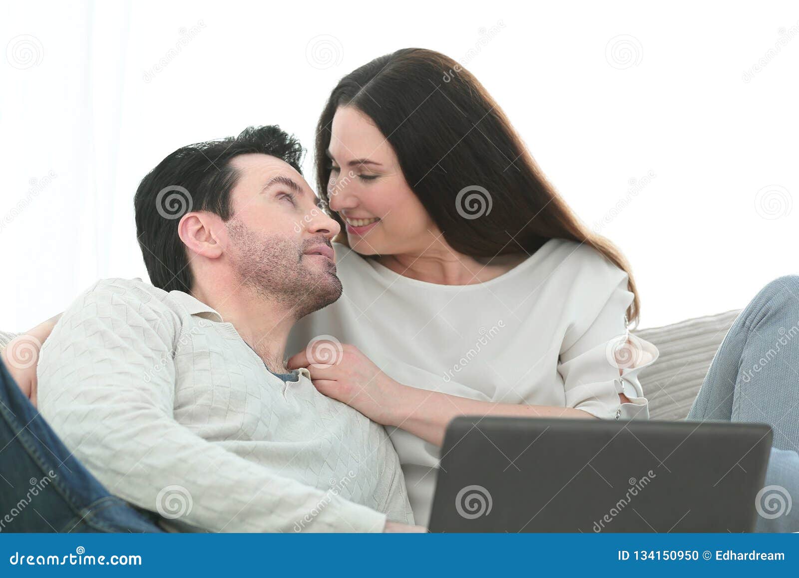 Man with His Girlfriend Chatting on Laptop at Home Indoor Stock Photo ... Man with His Girlfriend Chatting on Laptop at Home Indoor Stock Photo ...