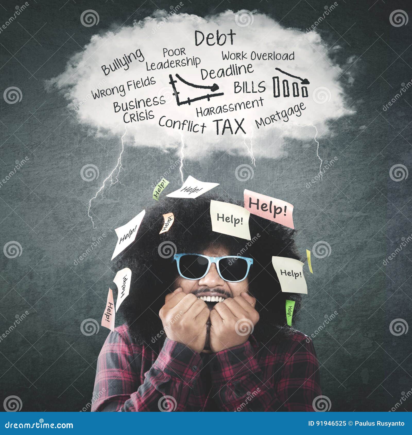 Man with His Problems Over Head Stock Image - Image of adhesive ...