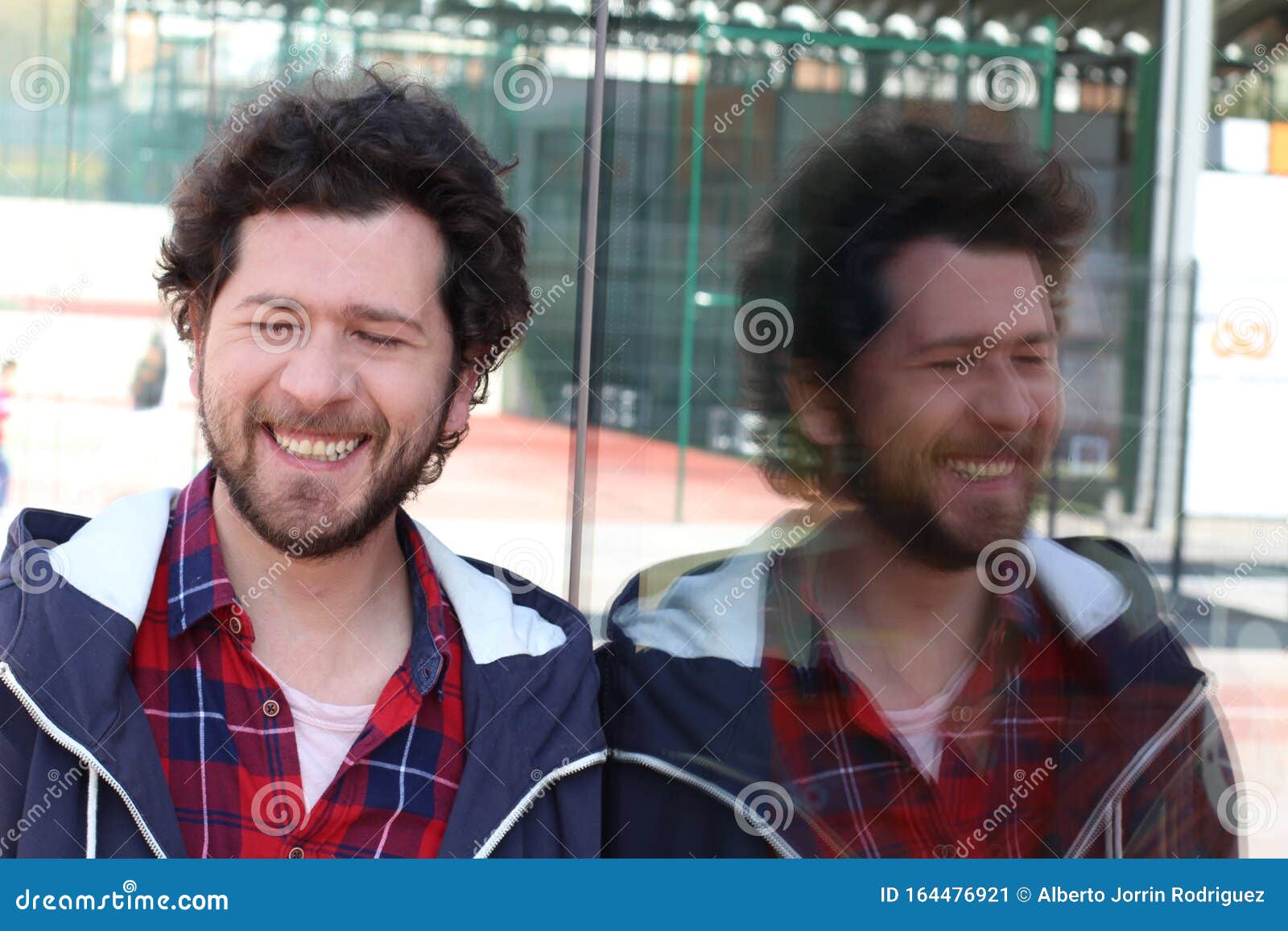 Man and His Reflection Laughing with Eyes Closed Stock Image - Image of ...