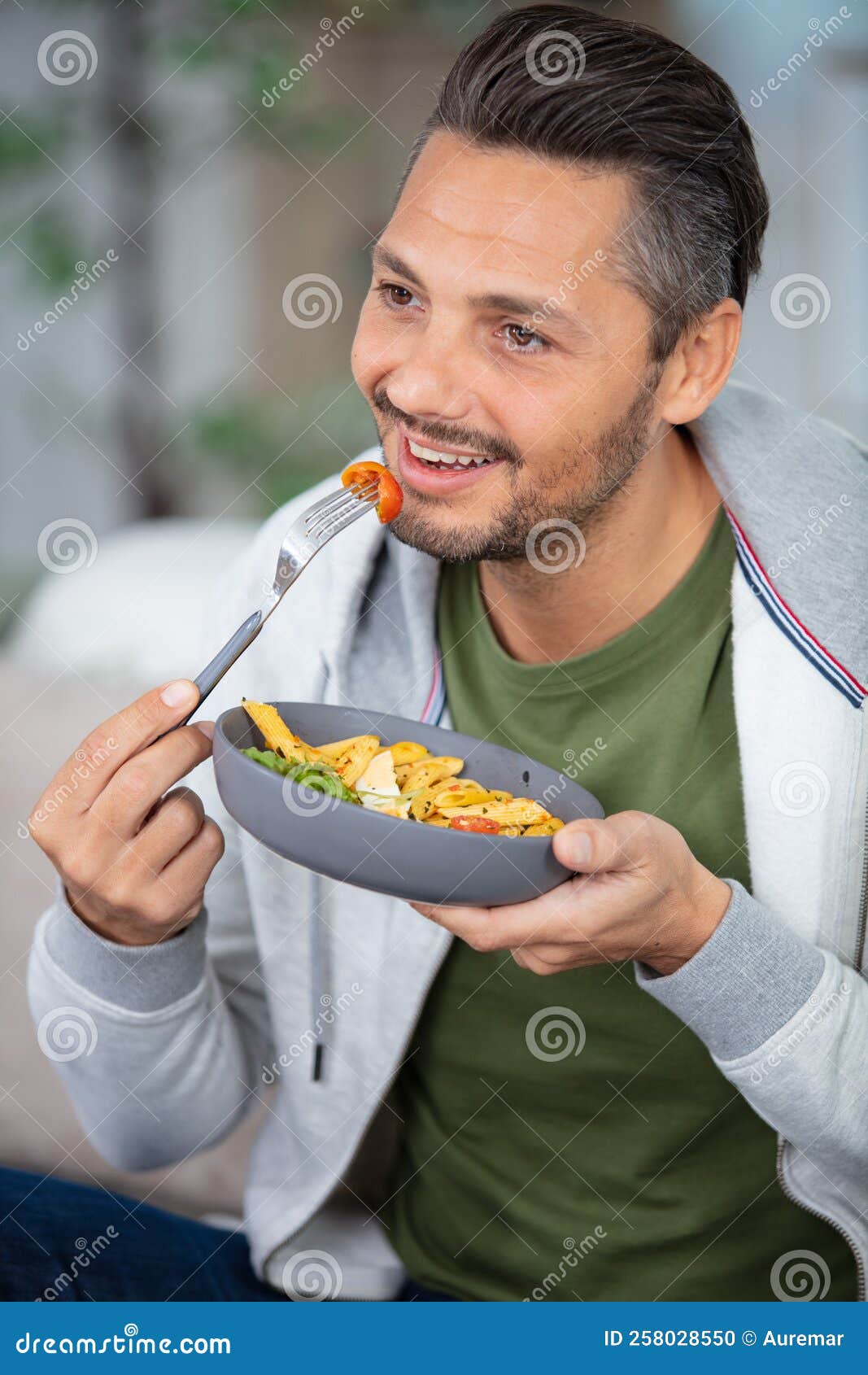 Man on 30s Sitting Eating Bowl Salad Stock Photo - Image of good ...
