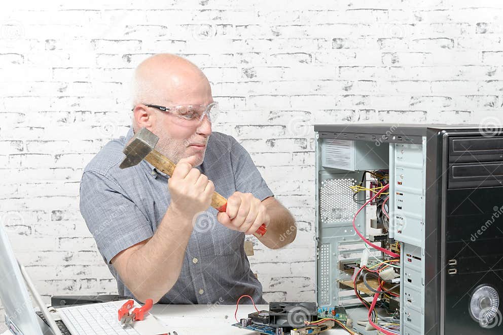 Man Hit with a Hammer on the Computer Stock Image - Image of pliers ...