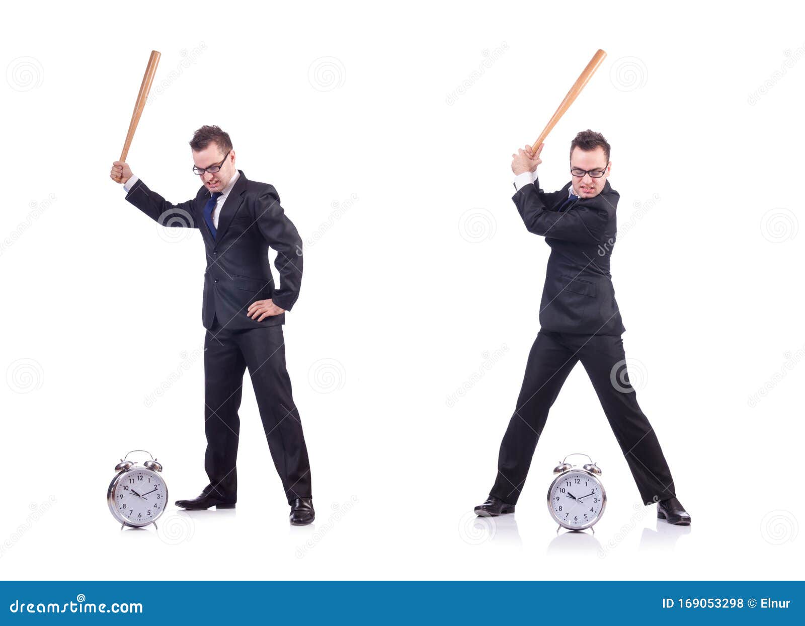 Man Hitting the Clock with Baseball Bat Isolated on the White Stock ...