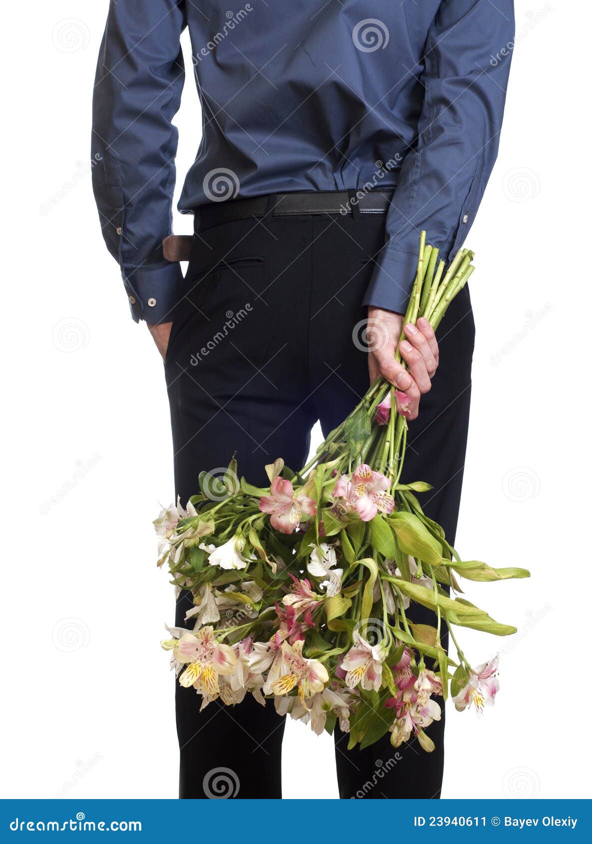 Man Hold Bouquet Of Flowers Behind His Back. Royalty-Free Stock ...