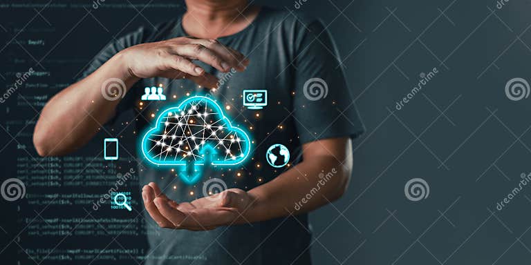Man Hold Cloud Computing Diagram Show on Hand. Data Storage.Cloud Technology Stock Image - Image ...