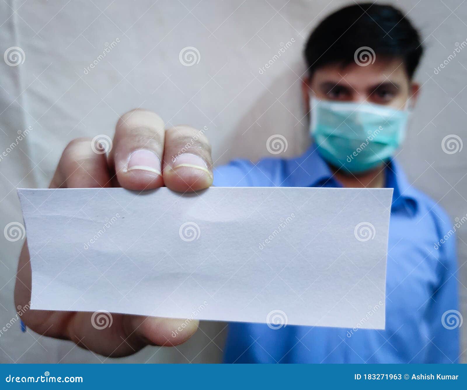 Man Hold Empty Slip in Stretch Hand Wear Face Mask Stock Image - Image ...