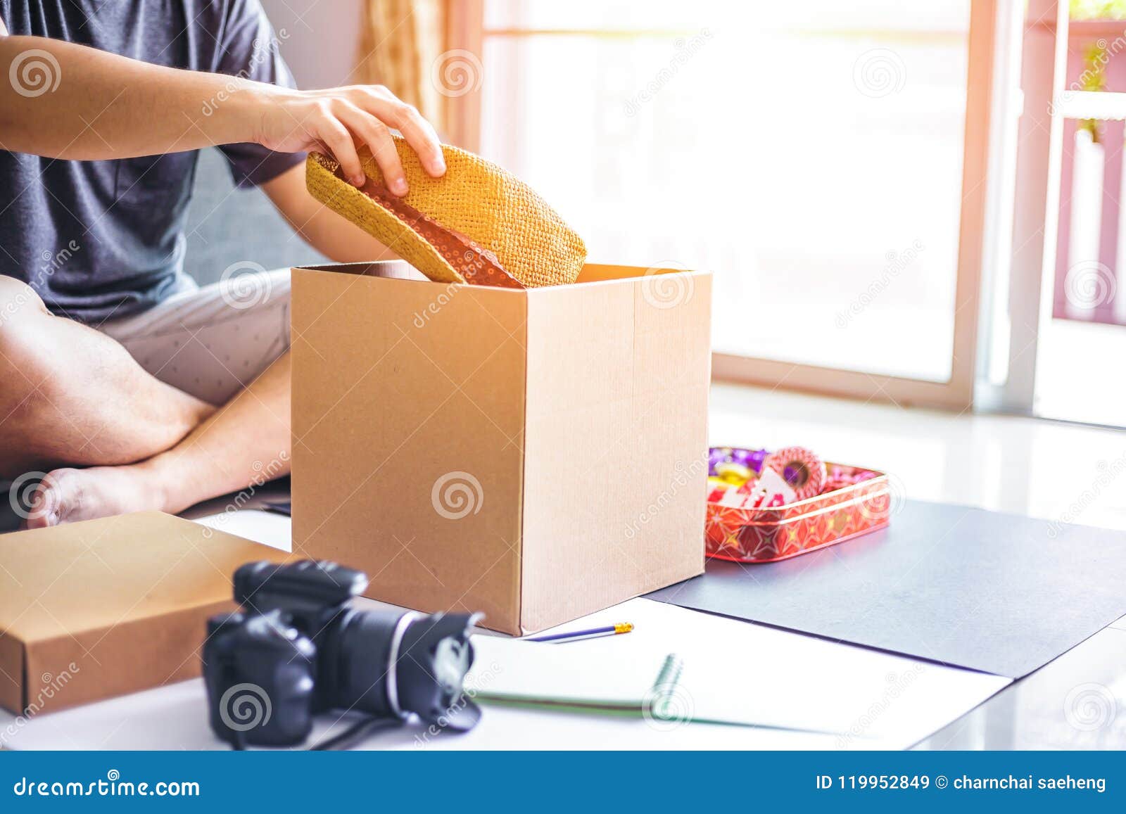 Man Hold Hat into the Box for Gift. Stock Image - Image of paper ...