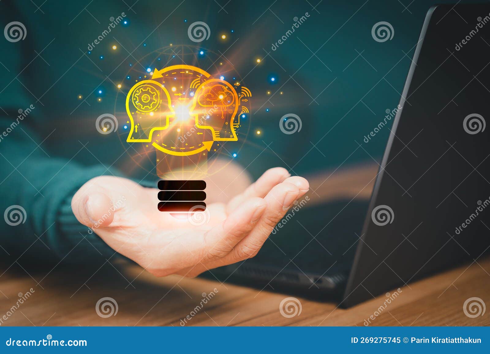 Man Holding Abstract Light Bulb Icon while Working on Computer Thinking ...