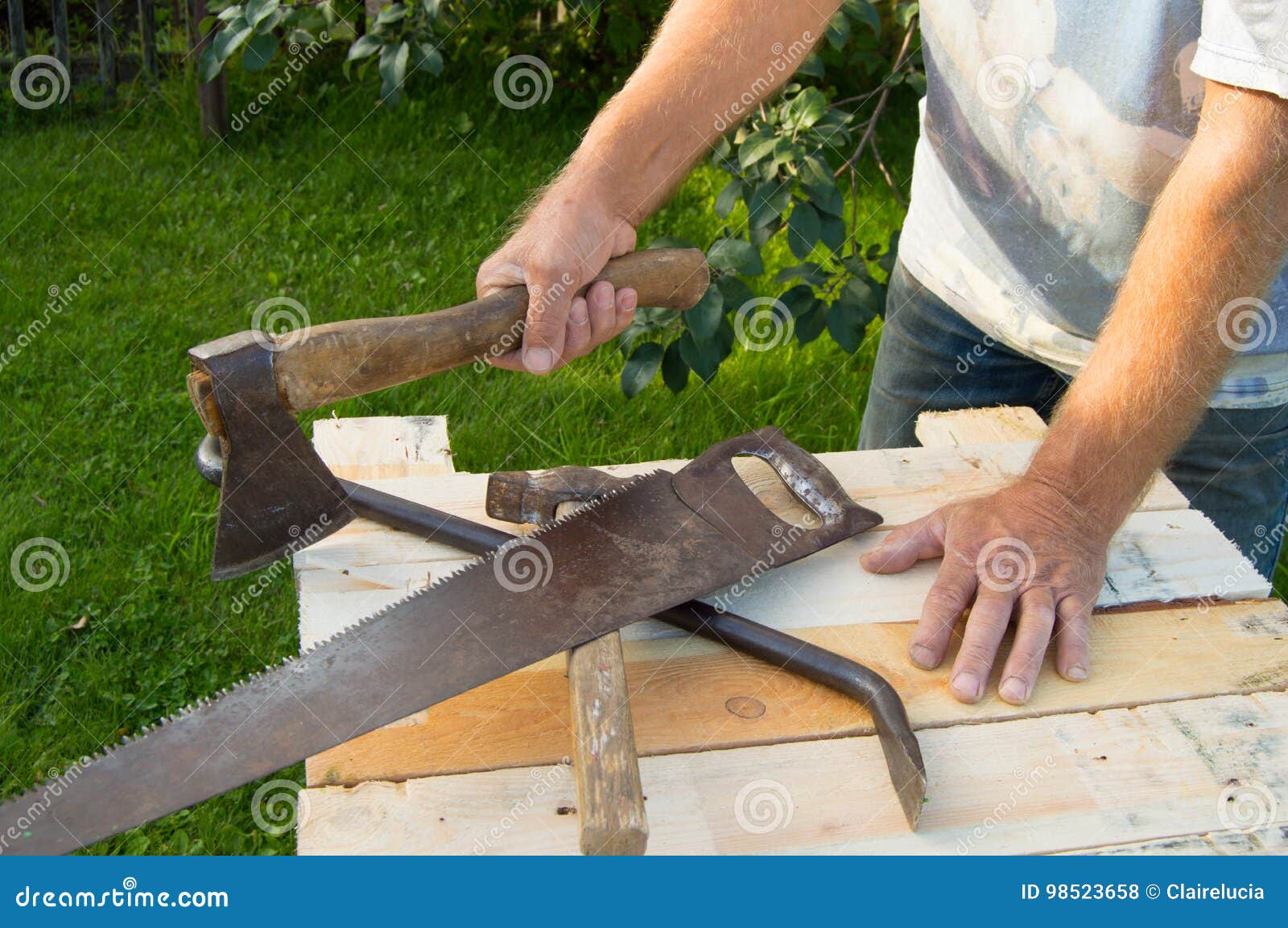 Man Holding the Axe, Working with Construction Tools in His Garden ...