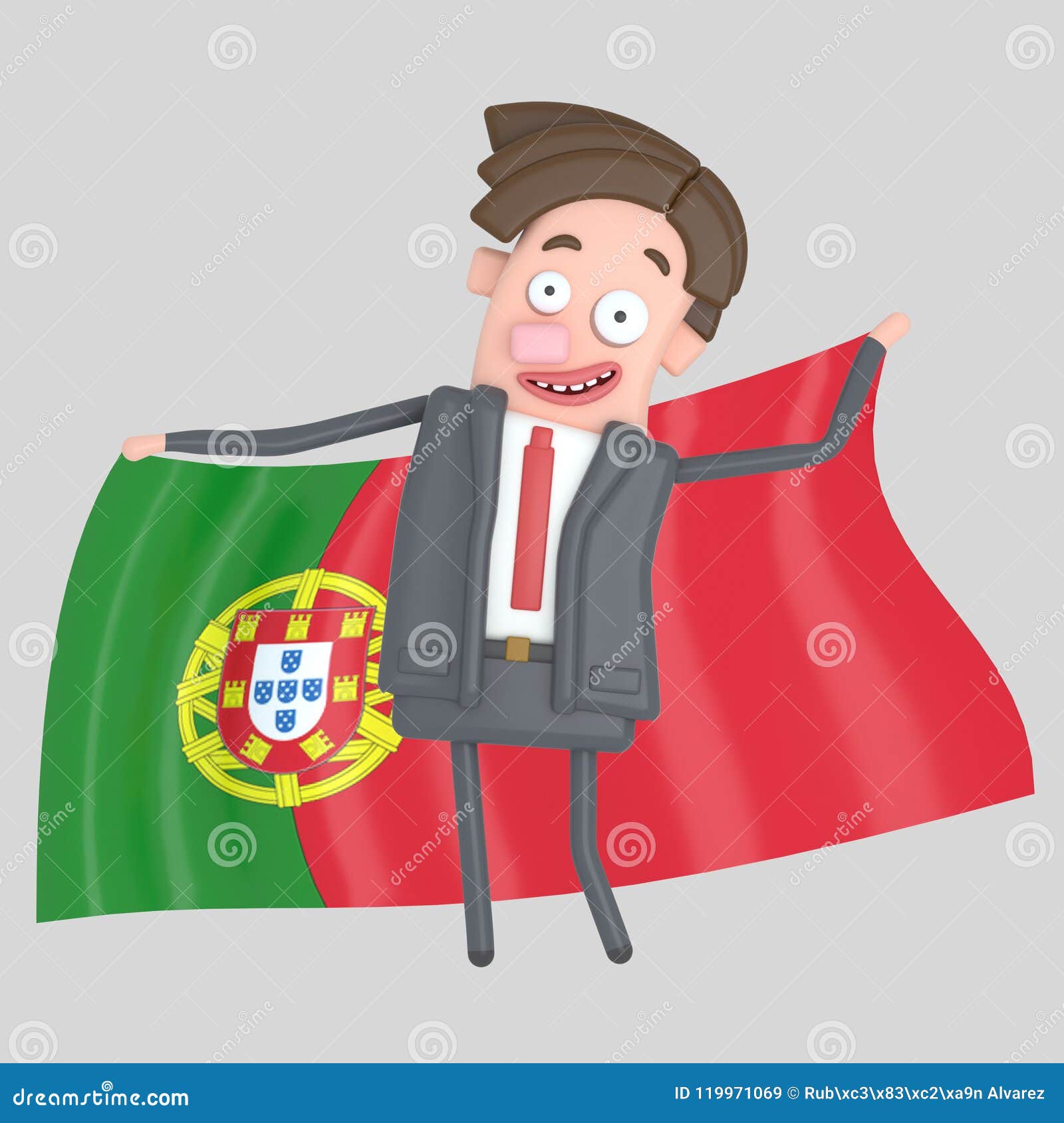 Man Holding a Big Flag of Portugal. 3D Illustration. Stock Illustration ...
