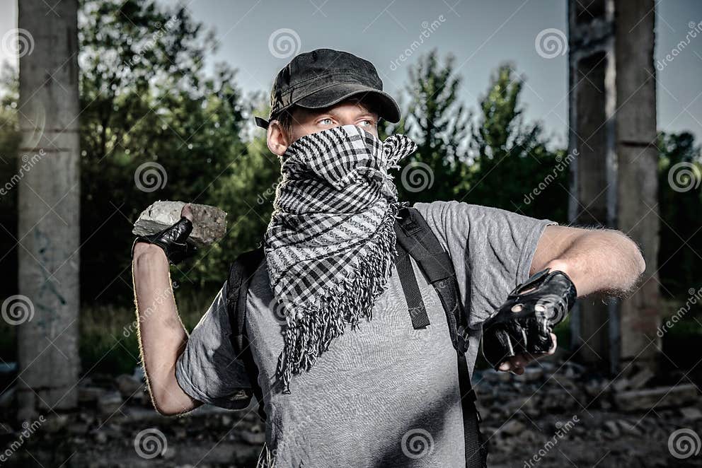 Man holding big stone stock photo. Image of fight, damage - 55555838