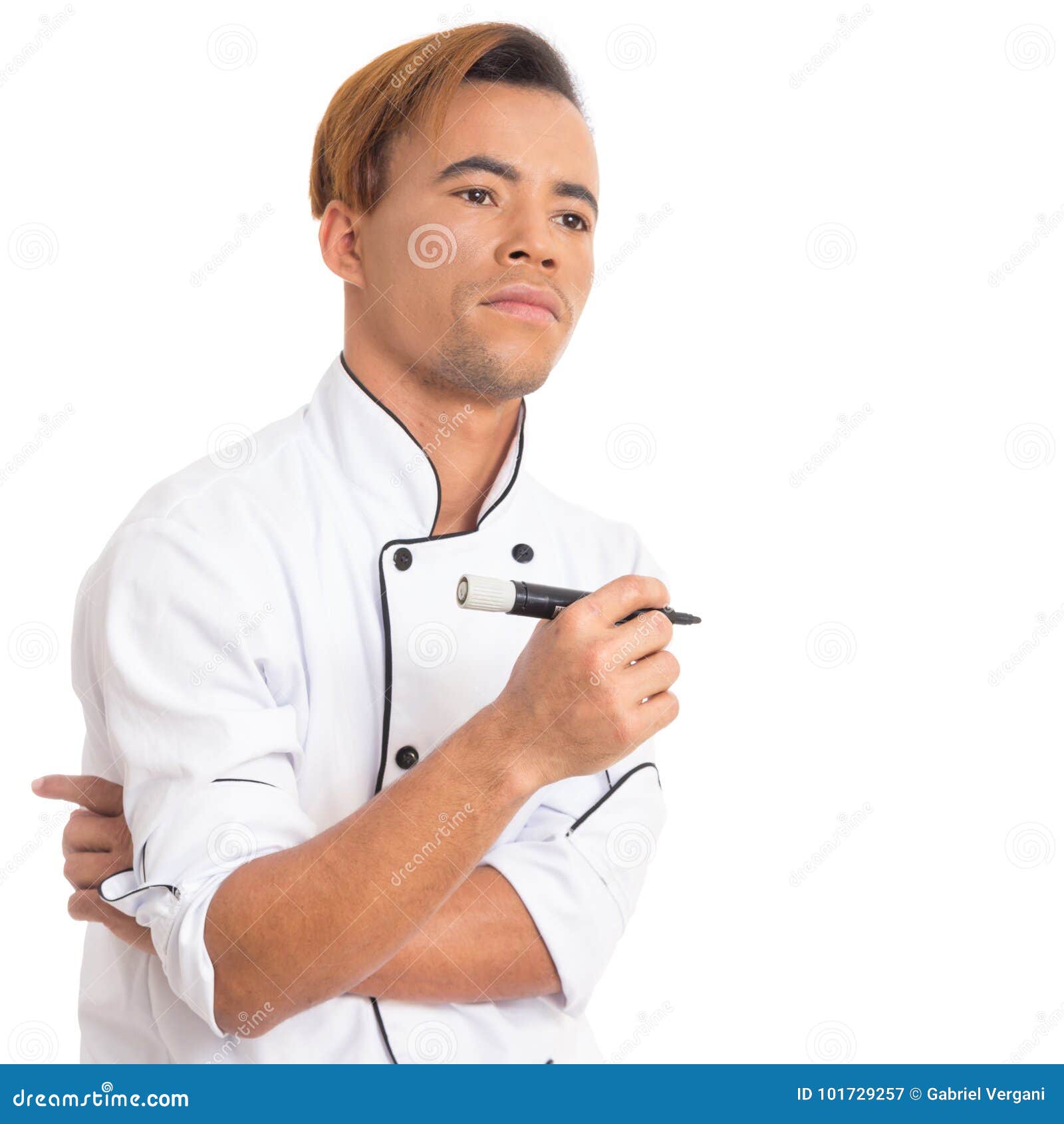 Man Makes Note with Black Permanent Pen. Cook Wearing Work Uniform ...