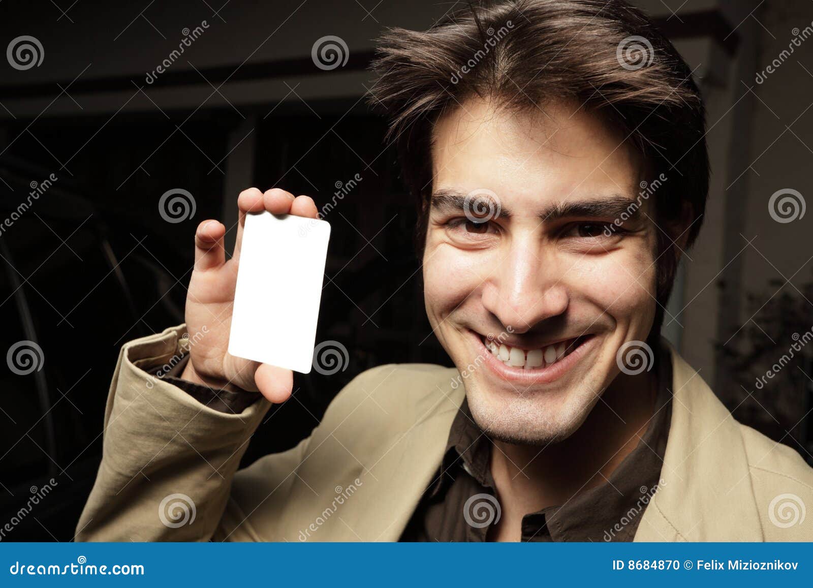 Man holding a blank card stock photo. Image of suit, space - 8684870