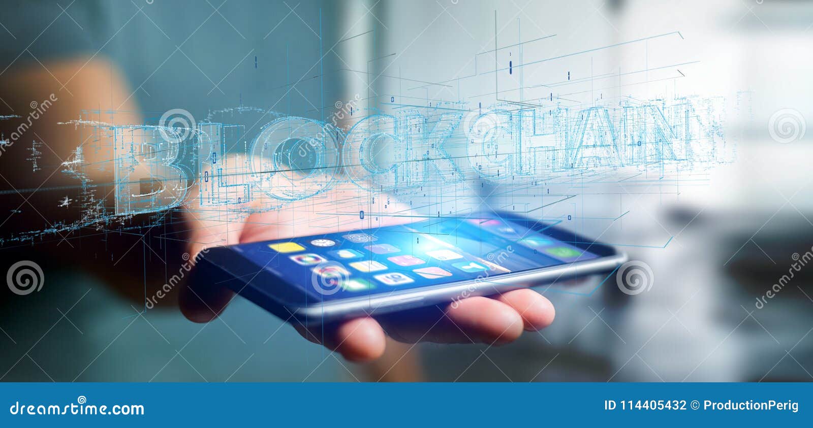 Man Holding a Blockchain Title Isolated on a Background Stock Photo ...