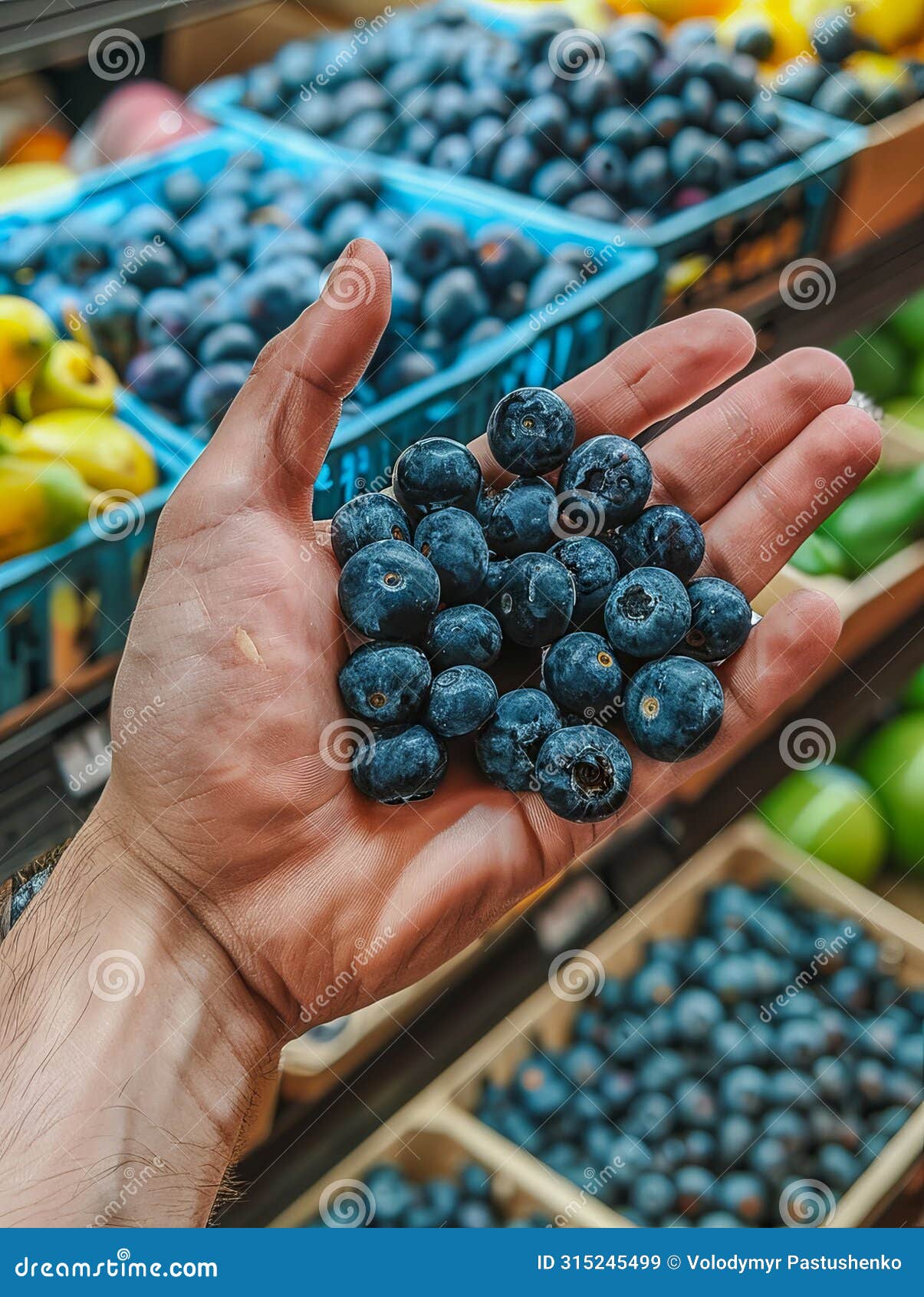 A Man Holding Blueberries in Front of a Fruit Display Stock Image ...