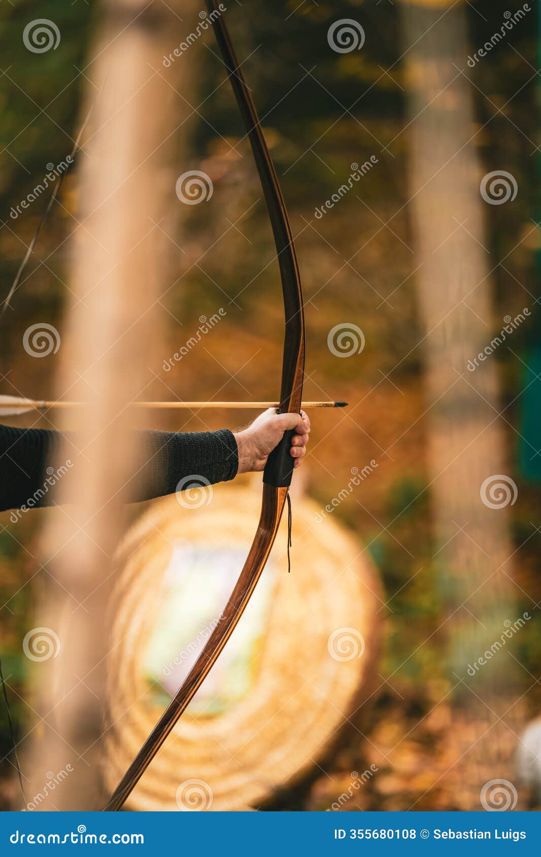 A Man is Holding a Bow and Arrow, Aiming at a Target Stock Photo ...
