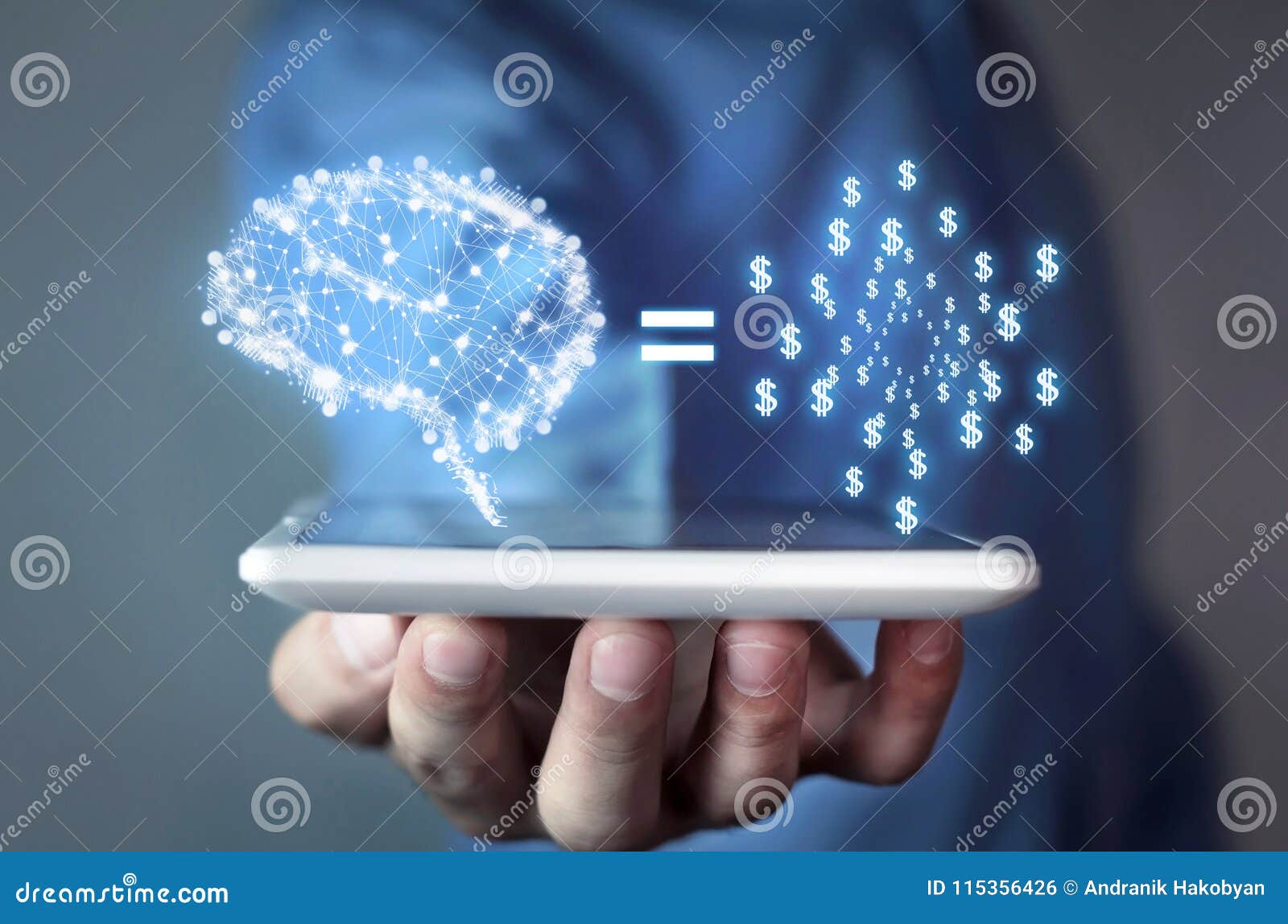 Man Holding Brain and Dollar Signs. Stock Photo - Image of business ...