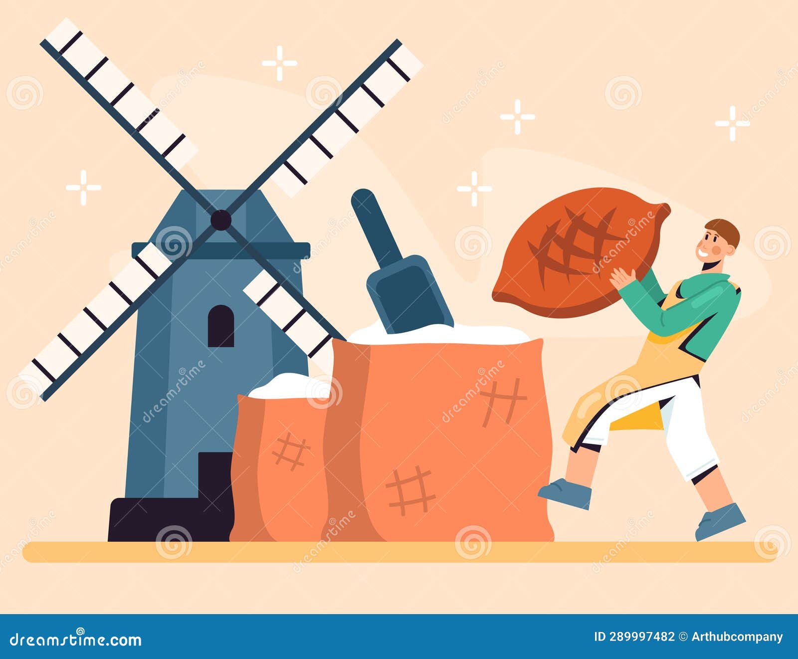 Man Holding Bread Standing Near Mill and Sacks of Flour. Flour ...