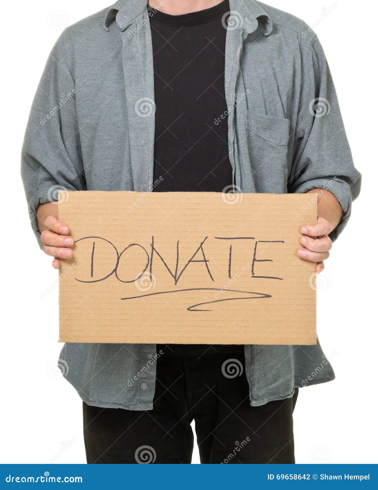 Man Holding Cardboard Sign Calling for Donations Stock Photo - Image of ...