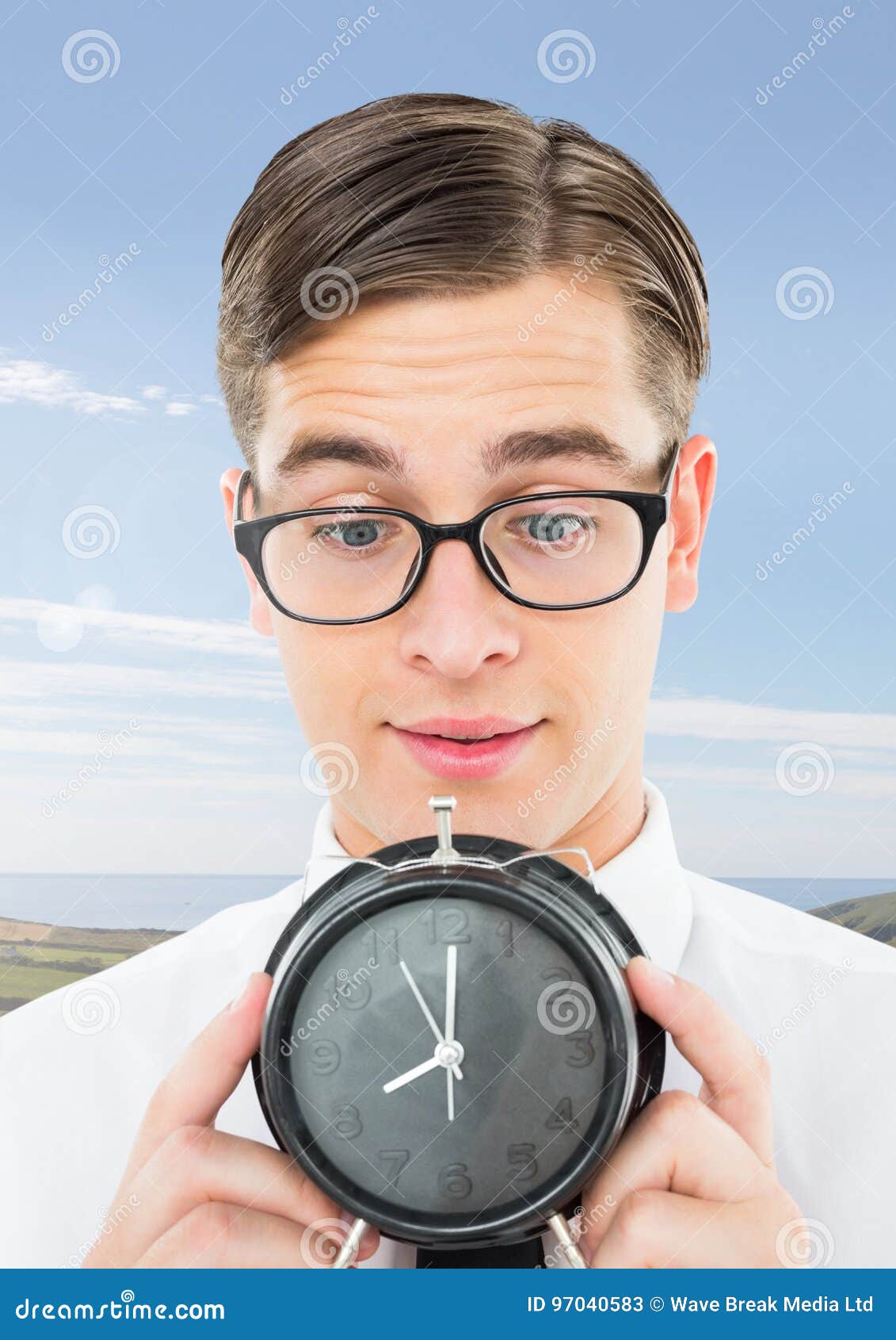 Man Holding Clock in Front of Sky Stock Image - Image of foliage ...