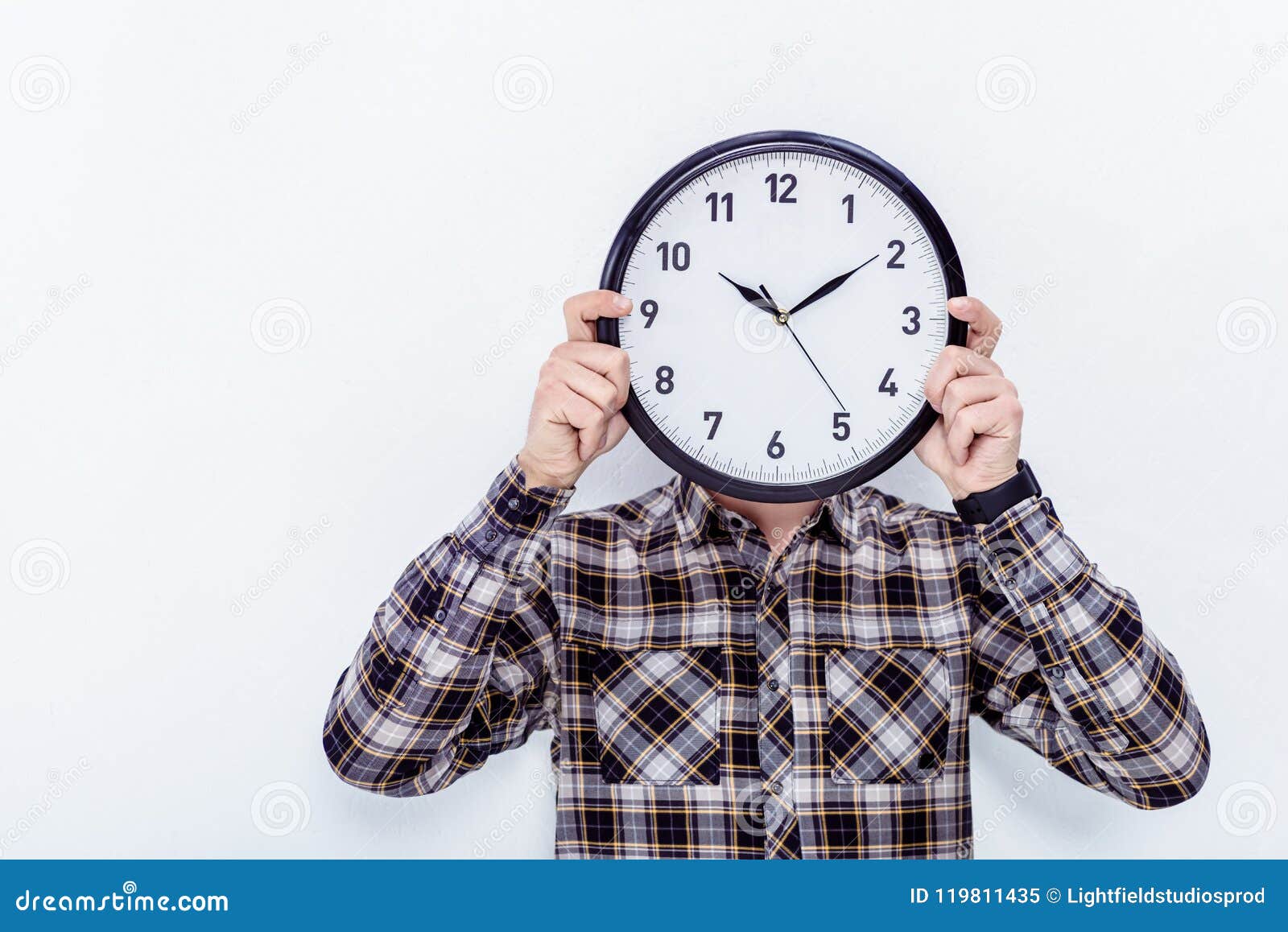 Man Holding Clock Over Face on White Stock Image - Image of studio ...