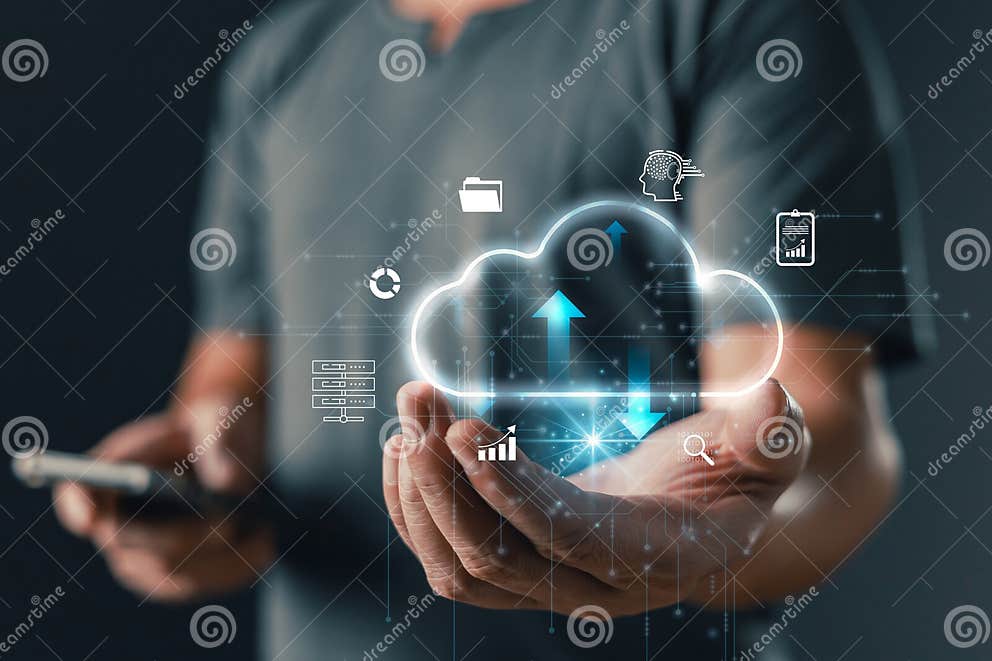 Man Holding Cloud Computing Diagram Show on Hand. Data Storage.Cloud Technology Stock Image ...