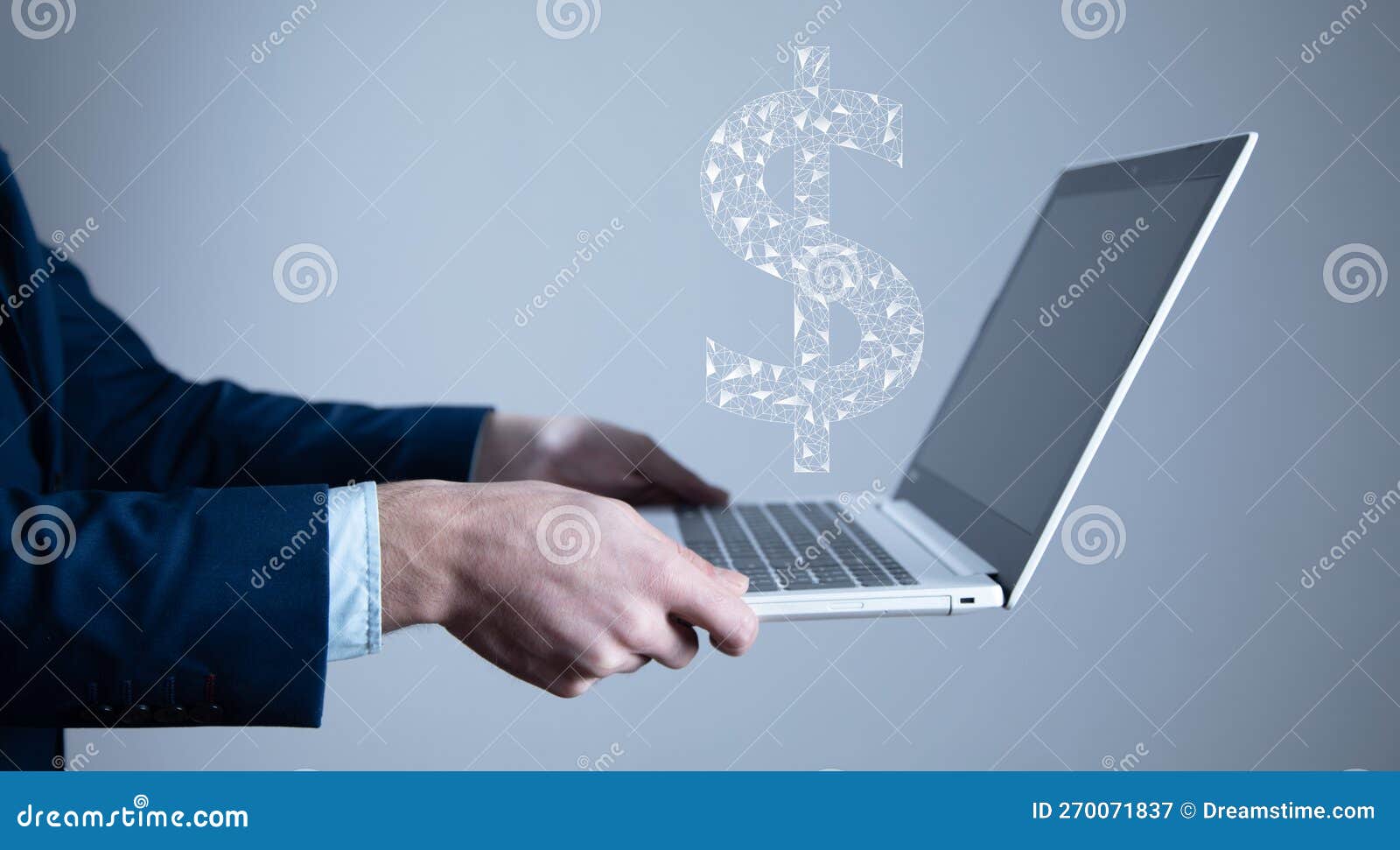 Man Holding Computer with Dollar Signs Stock Image - Image of digital ...
