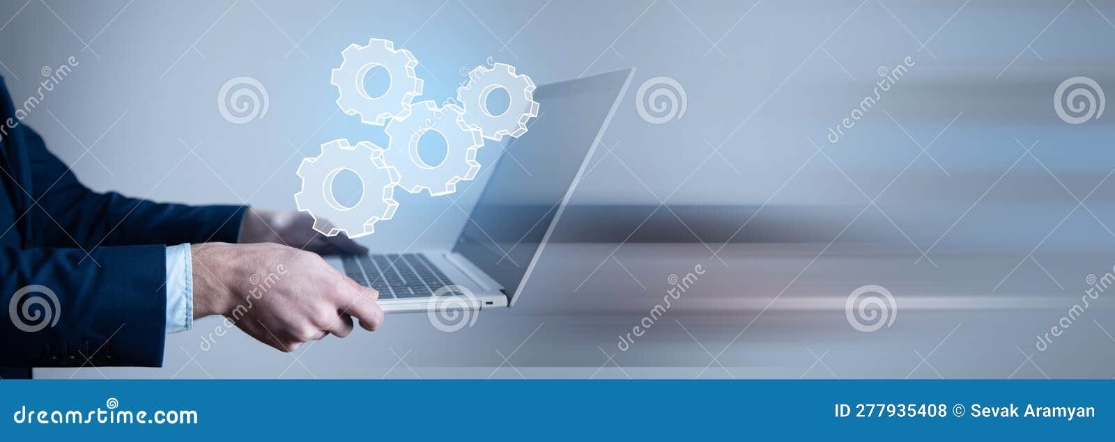 Man Holding Computer with Gear Stock Photo - Image of notebook, digital ...