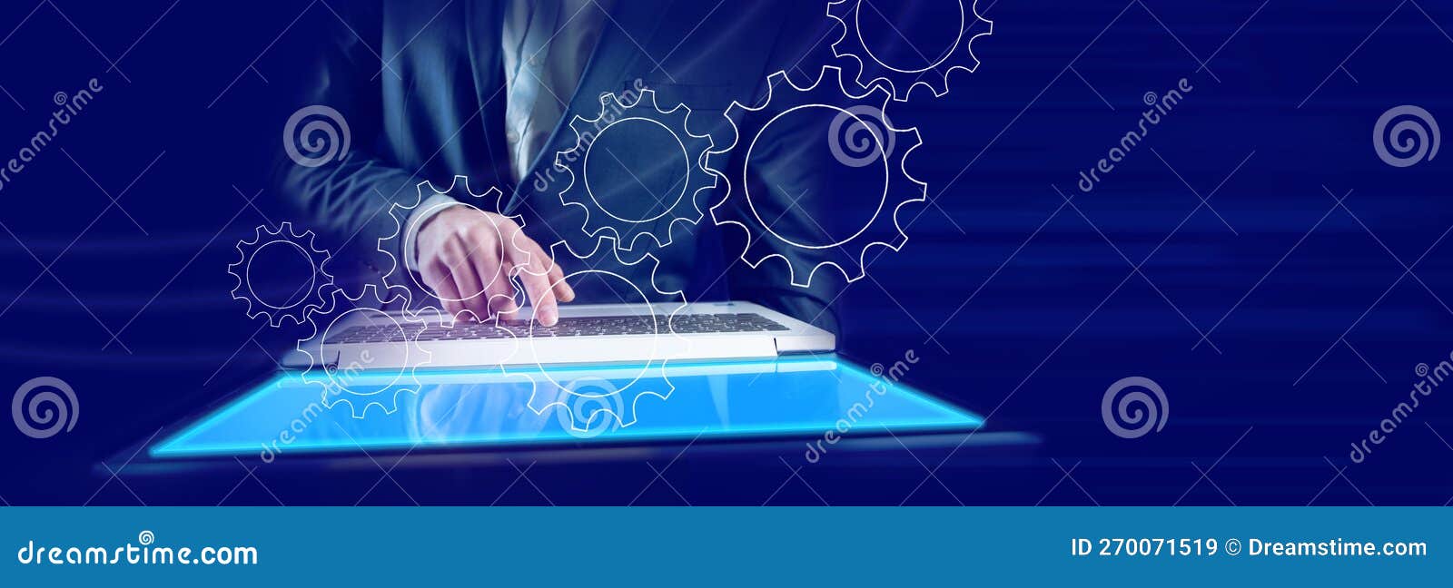 Man Holding Computer with Gears Stock Image - Image of tech, connection ...