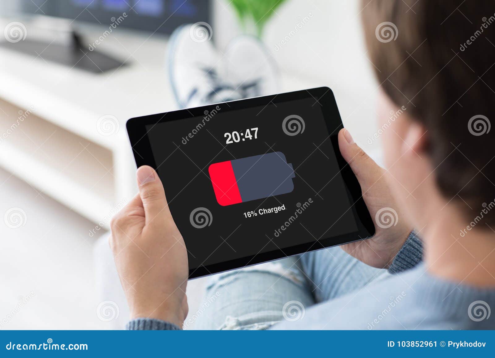 Man Holding Computer Tablet with Low Charged Battery on Screen Stock ...