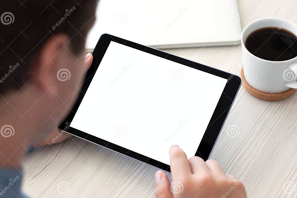 Man Holding Computer Tablet with Screen Over Table Stock Image - Image ...